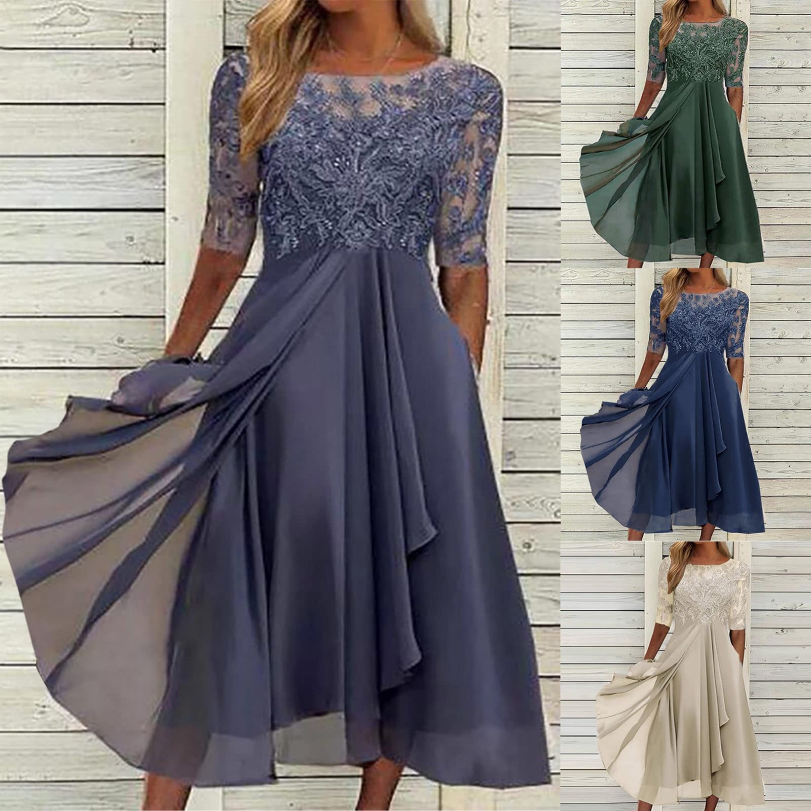 MuXiKeJi Women's Boat Neck Lace Mother of The Bride Dress with 3/4 ...