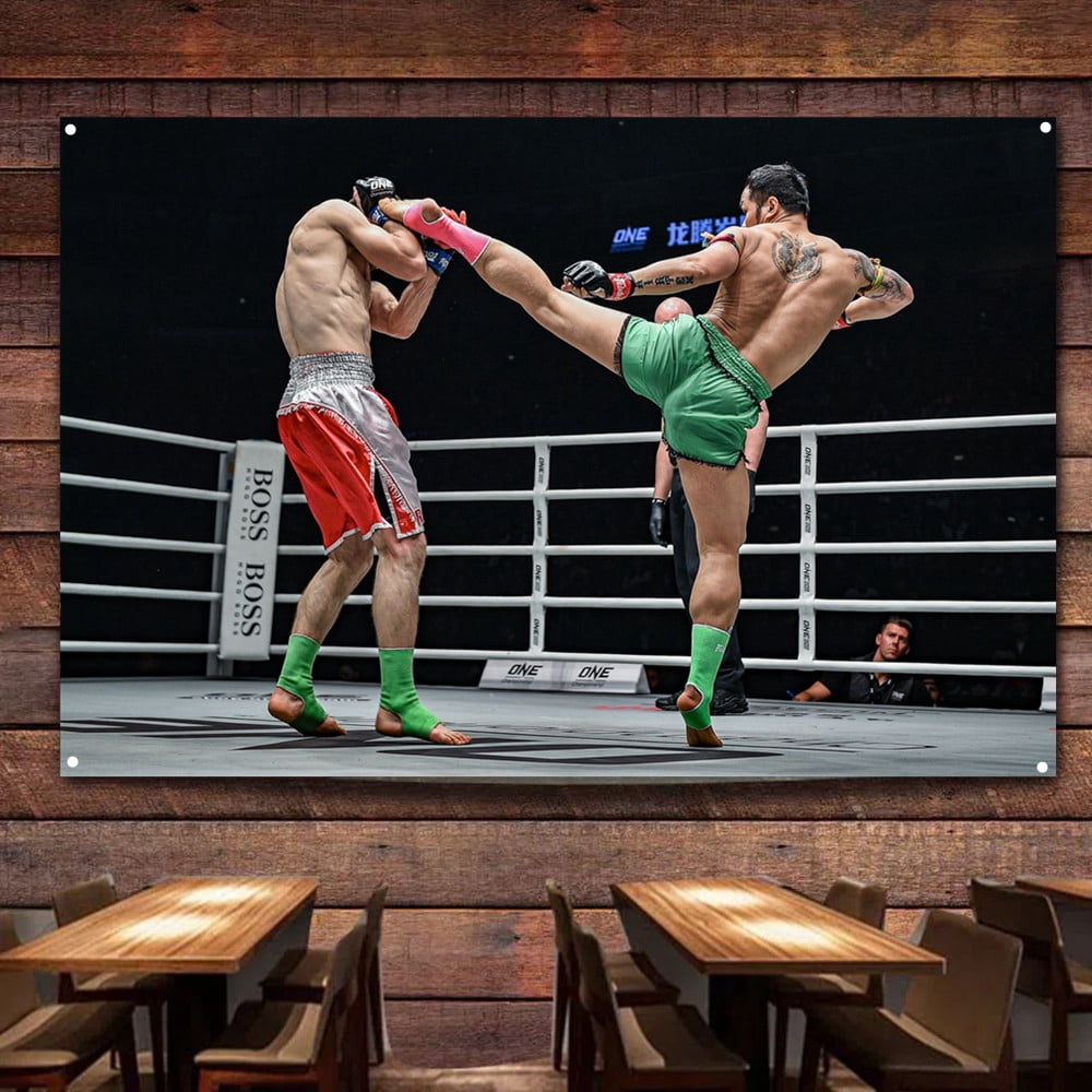 Muay Thai Fight Scene Canvas Painting Hanging Flag - 38" x 57 ...