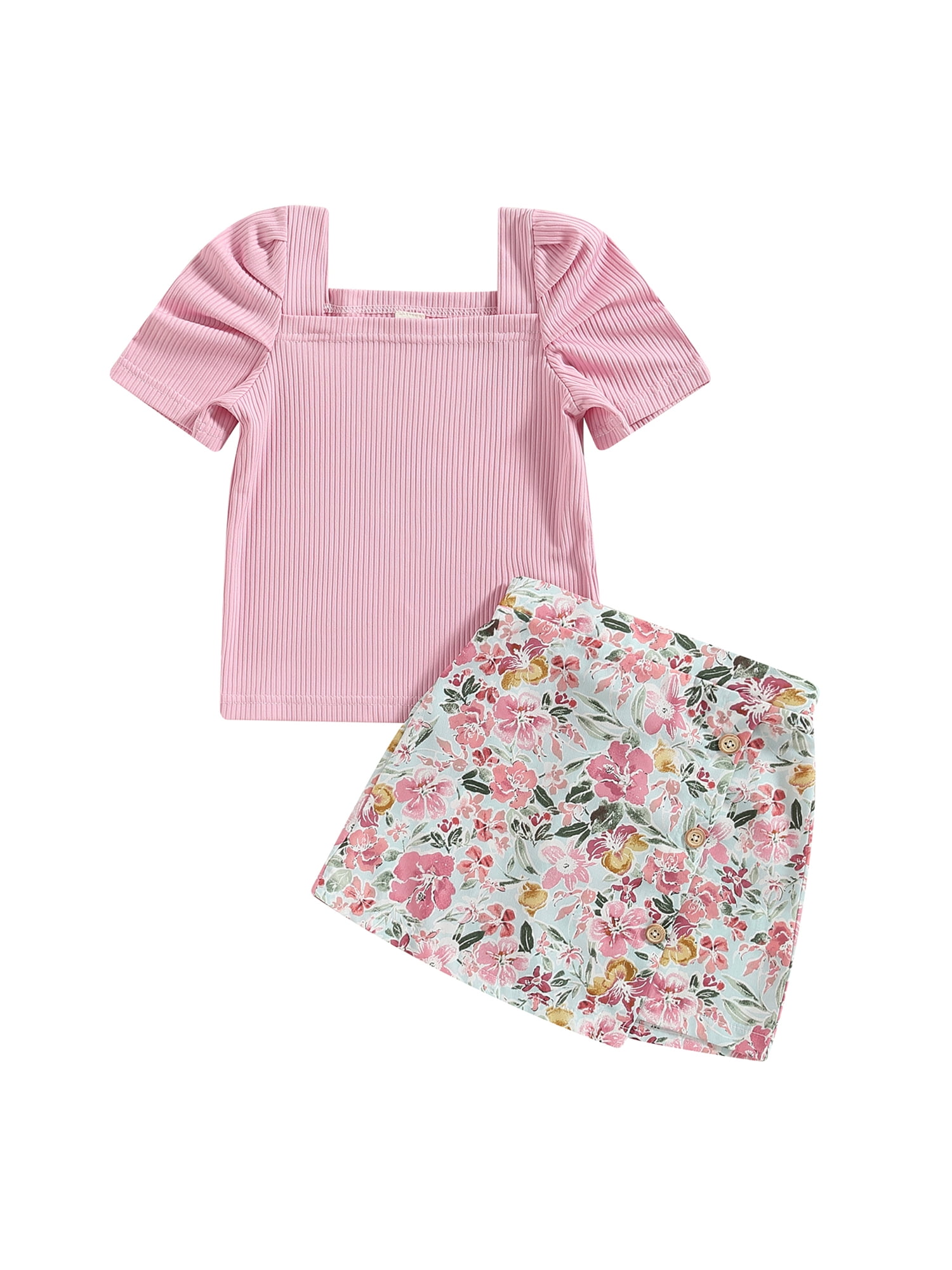 Mubineo Toddler Girls Summer Outfit Sets Pink Short Puff Sleeve Ribbed ...