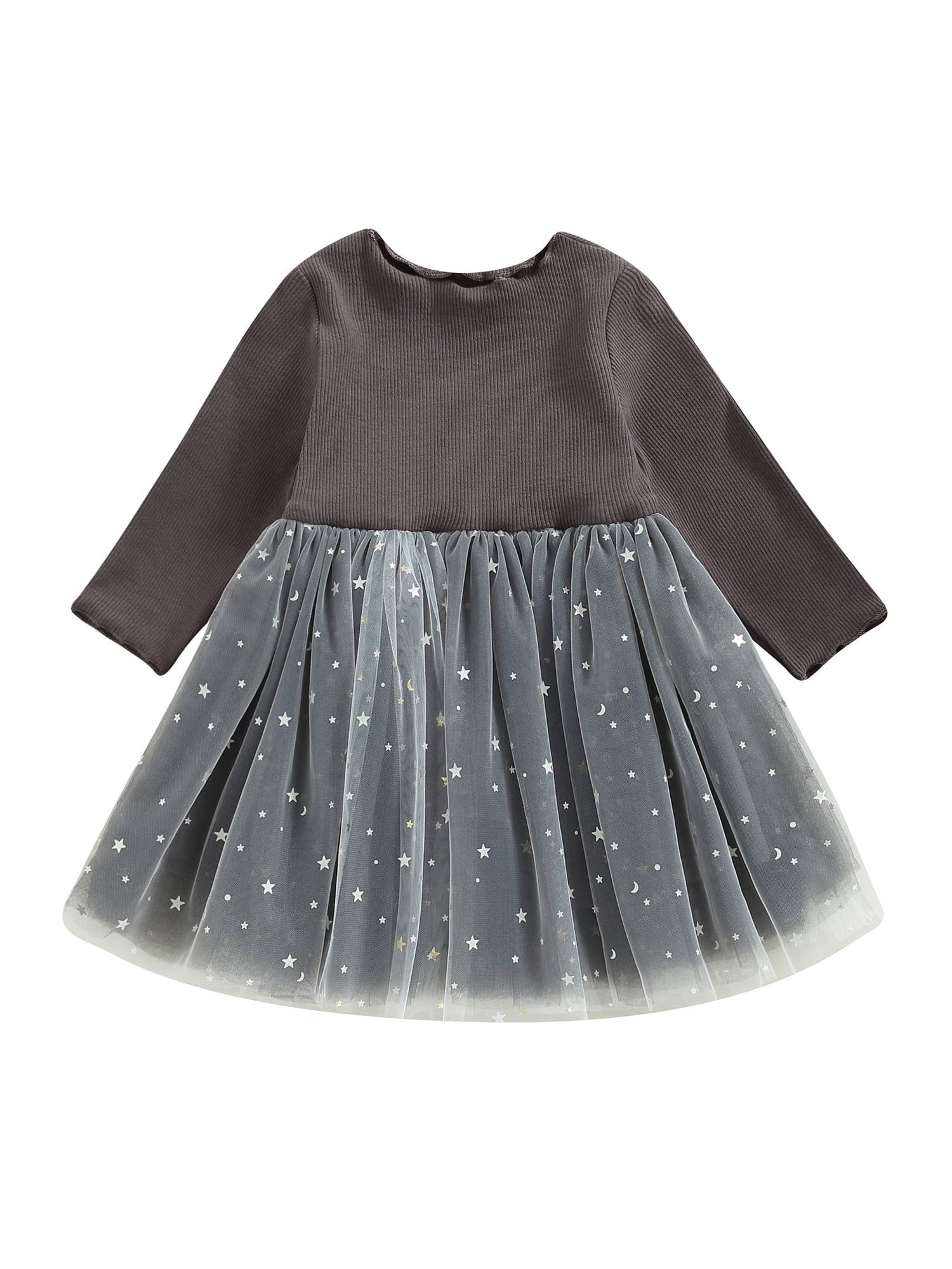 Mubineo Toddler Kids Girls Dress Crew Neck Long Sleeve Sequins Stars Moon Pattern Layered Tulle ...