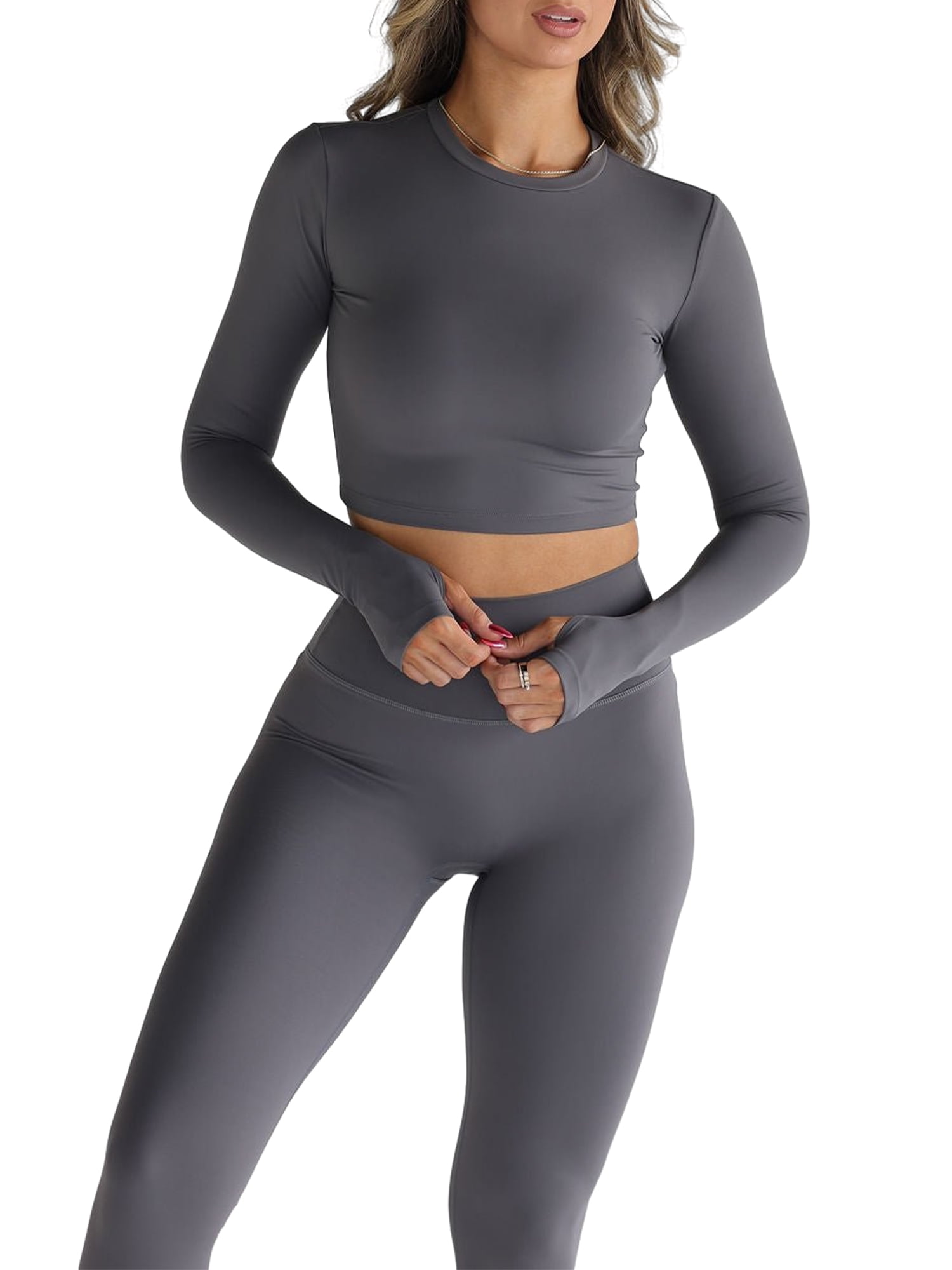 Mubineo Women Cropped Workout Tops Solid Color Thumb Hole Long Sleeve ...