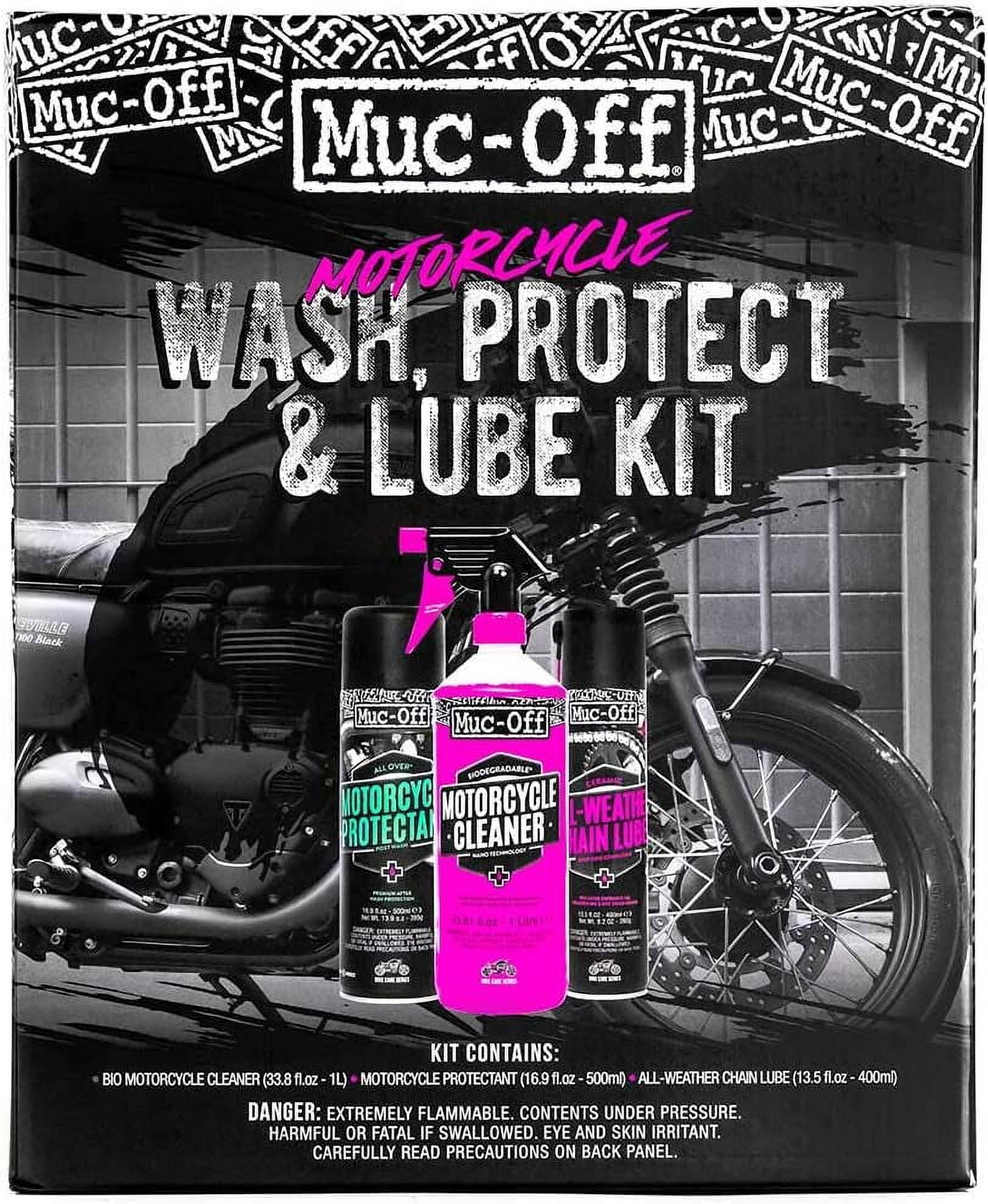 Muc Off Motorcycle Wash, Protect and Lube Kit - Motorcycle Cleaning Kit ...