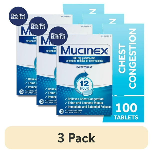 (3 pack) Mucinex 12 Hour Expectorant, OTC Medicine for Excess Mucus ...