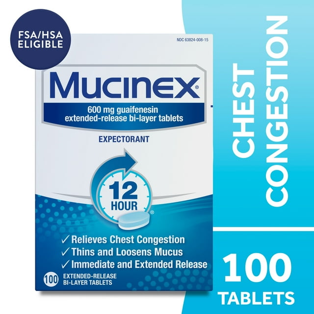 Mucinex 12 Hour Expectorant, Chest Congestion Relief, Cold and Flu ...