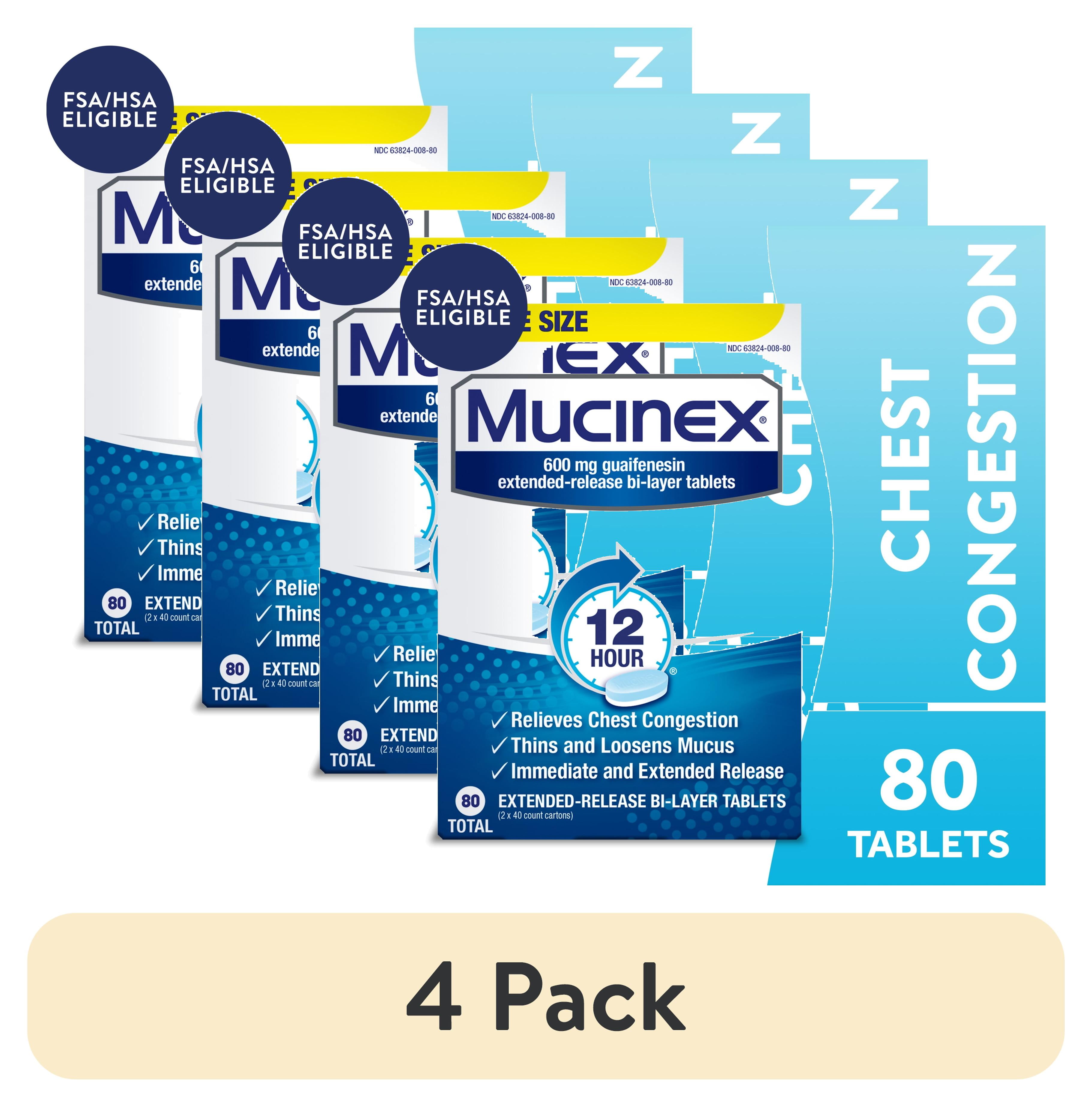 (4 pack) Mucinex 12 Hour Expectorant, OTC Medicine for Excess Mucus ...