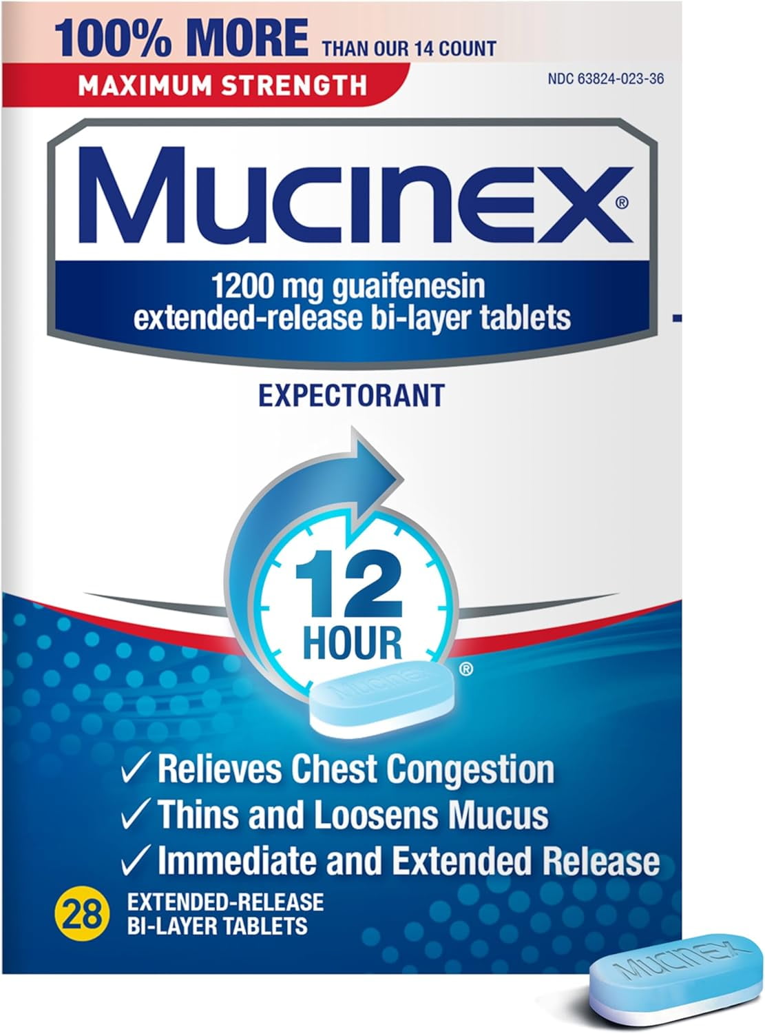 Mucinex 12 Hour 1200 mg Guaifenesin Extended-Release Tablets, Chest ...