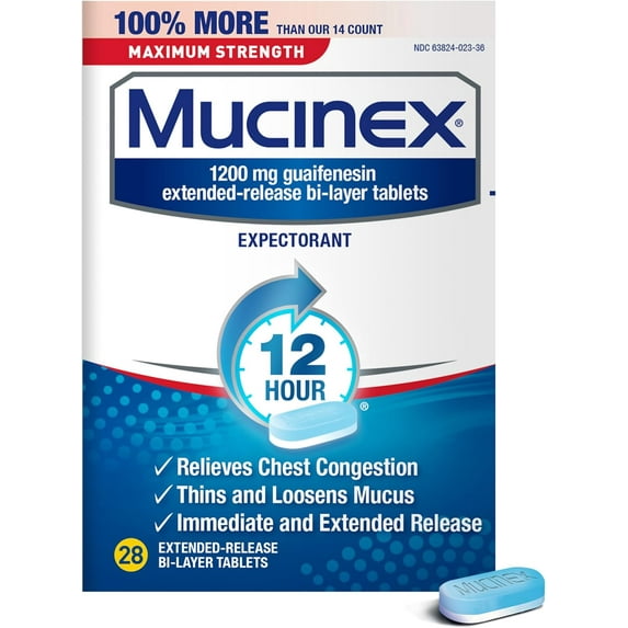 Mucinex 12 Hour 1200 mg Guaifenesin Extended-Release Tablets, Chest ...