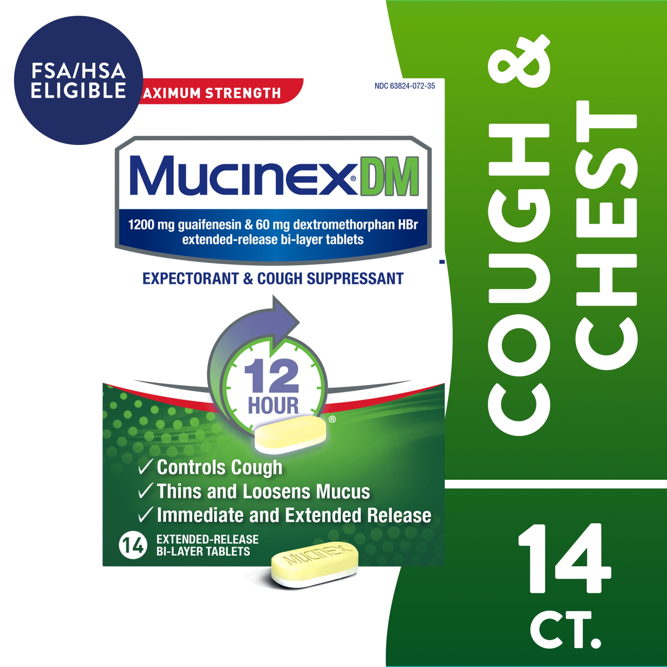 Mucinex 12 Hour Relief, DM Maximum Strength Cough Medicine, 14 Tablets ...