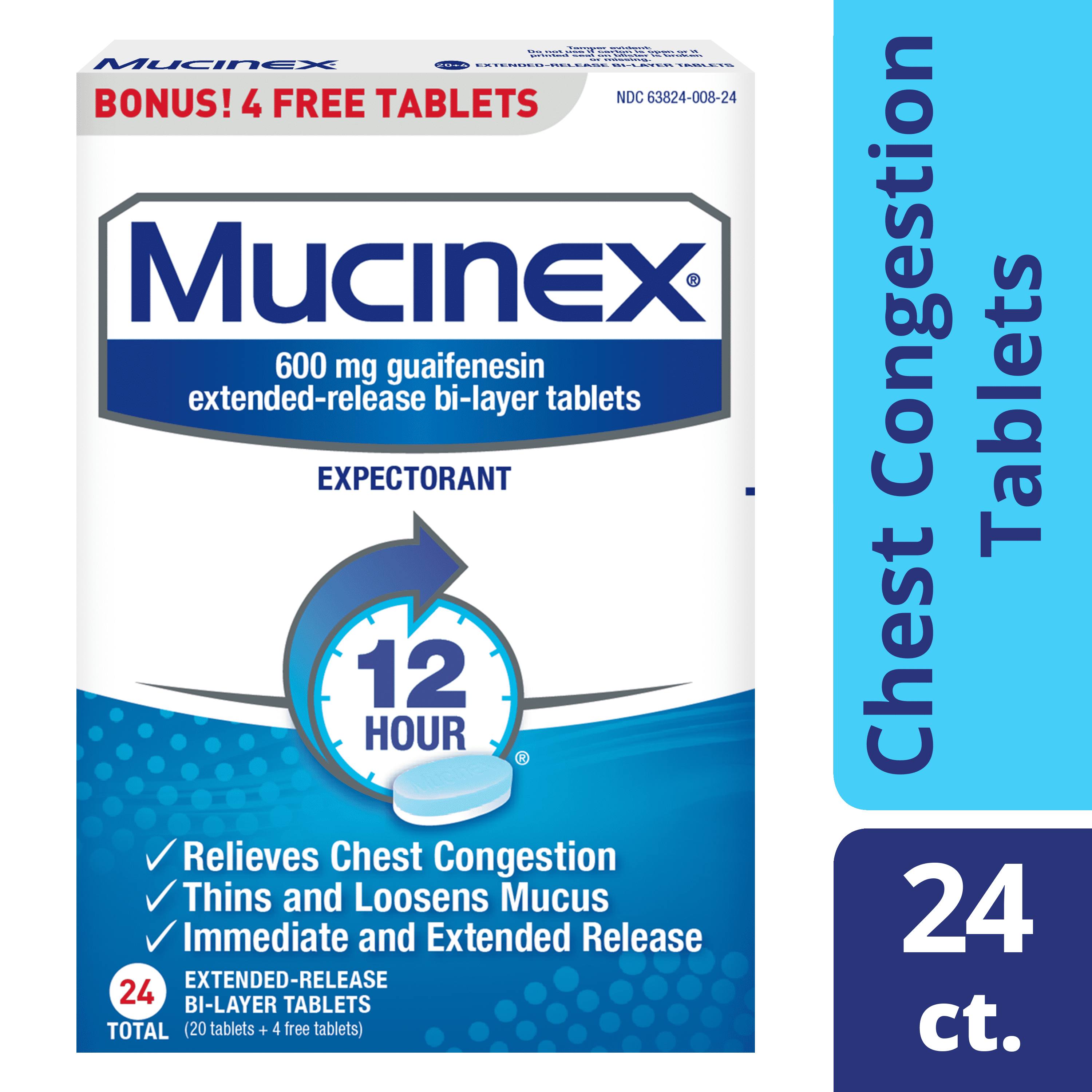Mucinex 12 Hr Chest Congestion Expectorant Tablets, 24ct (20+4ct ...