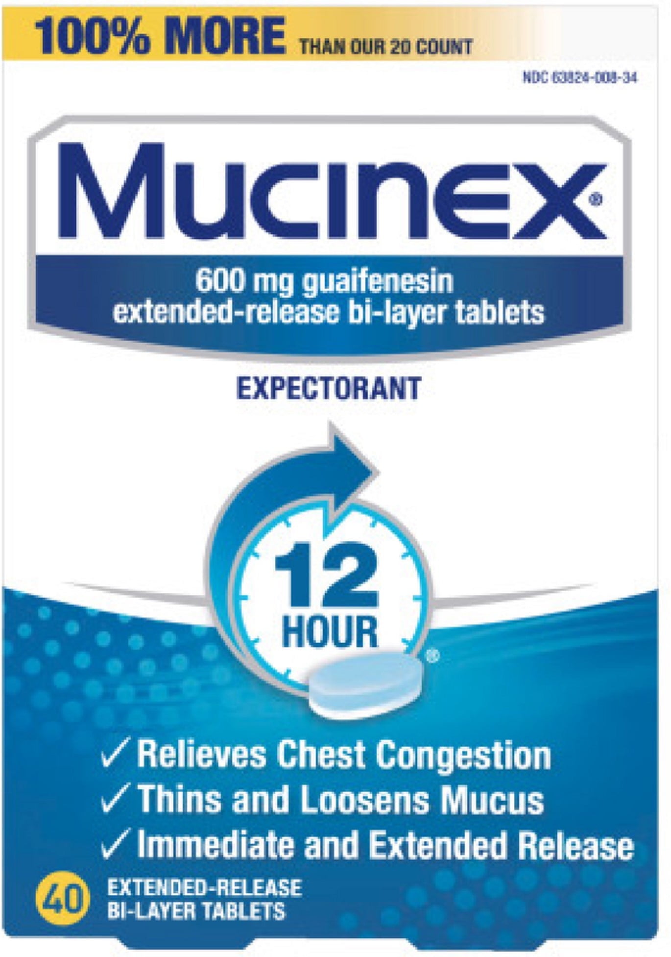 Mucinex Chest Congestion Expectorant, Guaifenesin 600mg Tablets, 40 ...