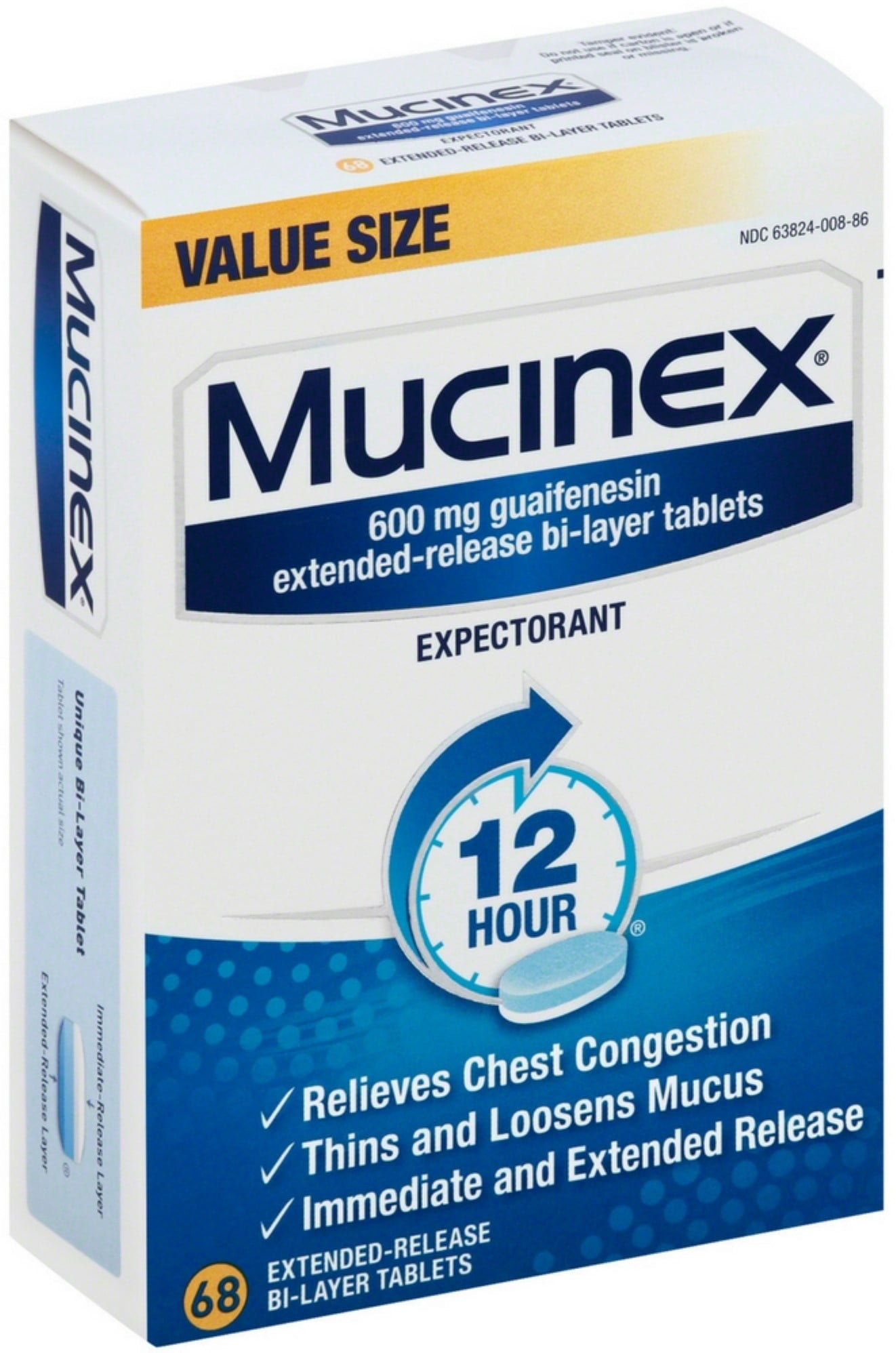Mucinex 12 Hr Chest Congestion Expectorant, 68 Tablets (Pack of 3 ...