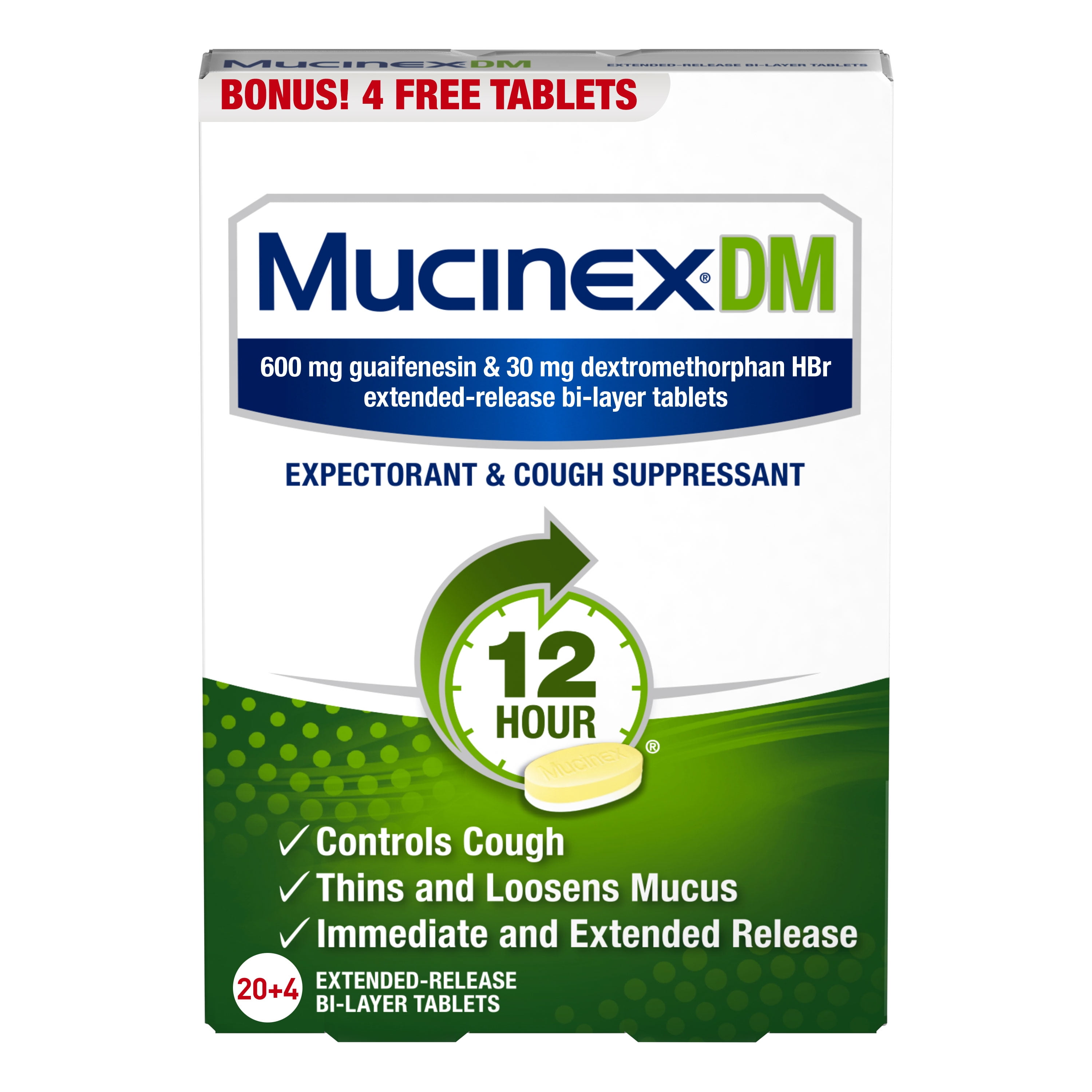 Mucinex DM 12 Hr Expectorant & Cough Suppressant Tablets, 24ct (20+4ct ...