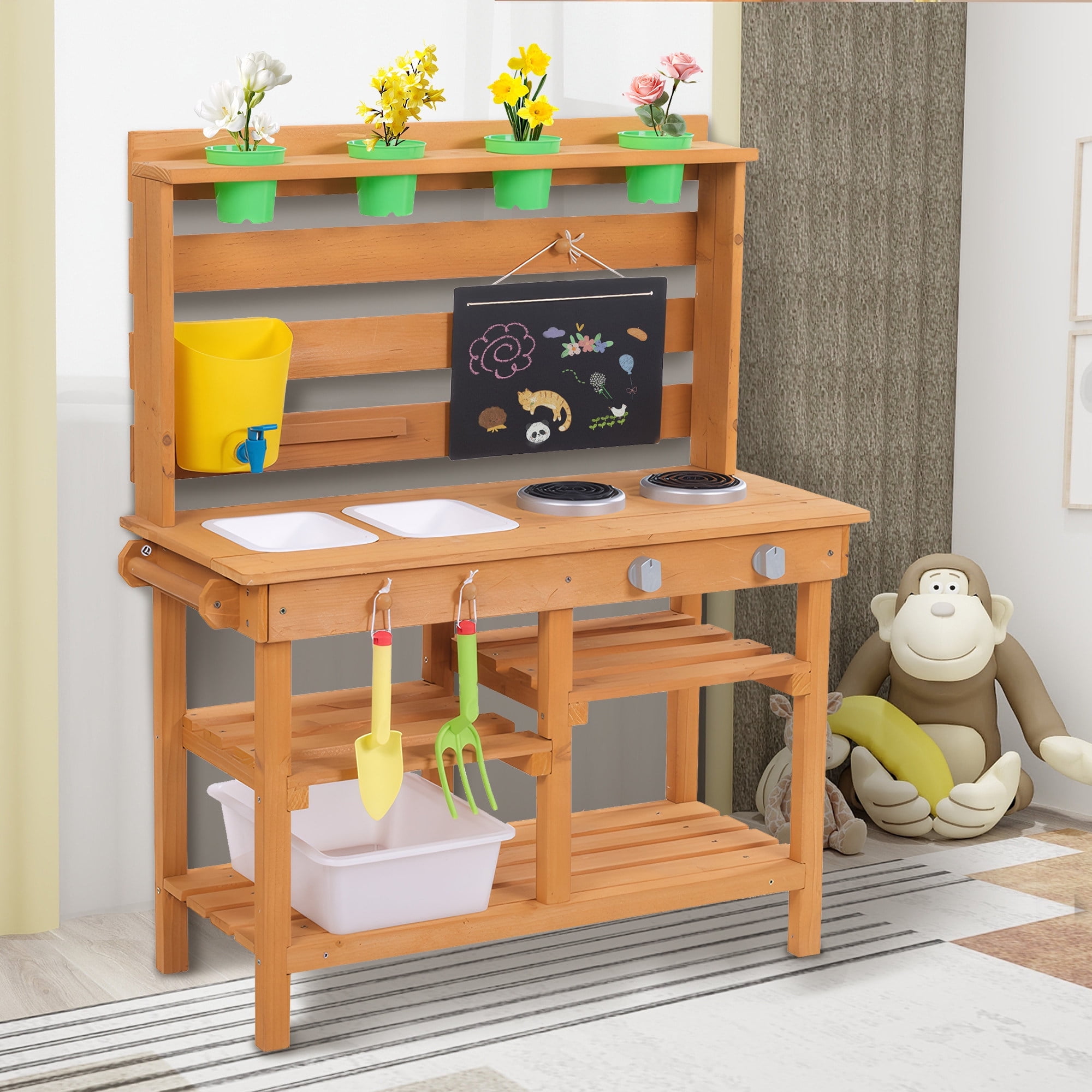 Kids Kitchen Playset, Wooden Play Kitchen with Blackboard, Kitchenware ...