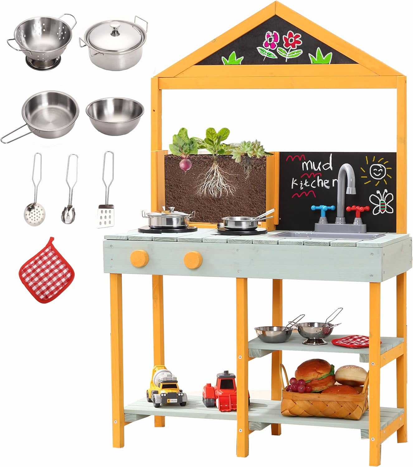 Mud Kitchen,Wood Outdoor Play Kitchen Set for Toddlers, Transparent ...