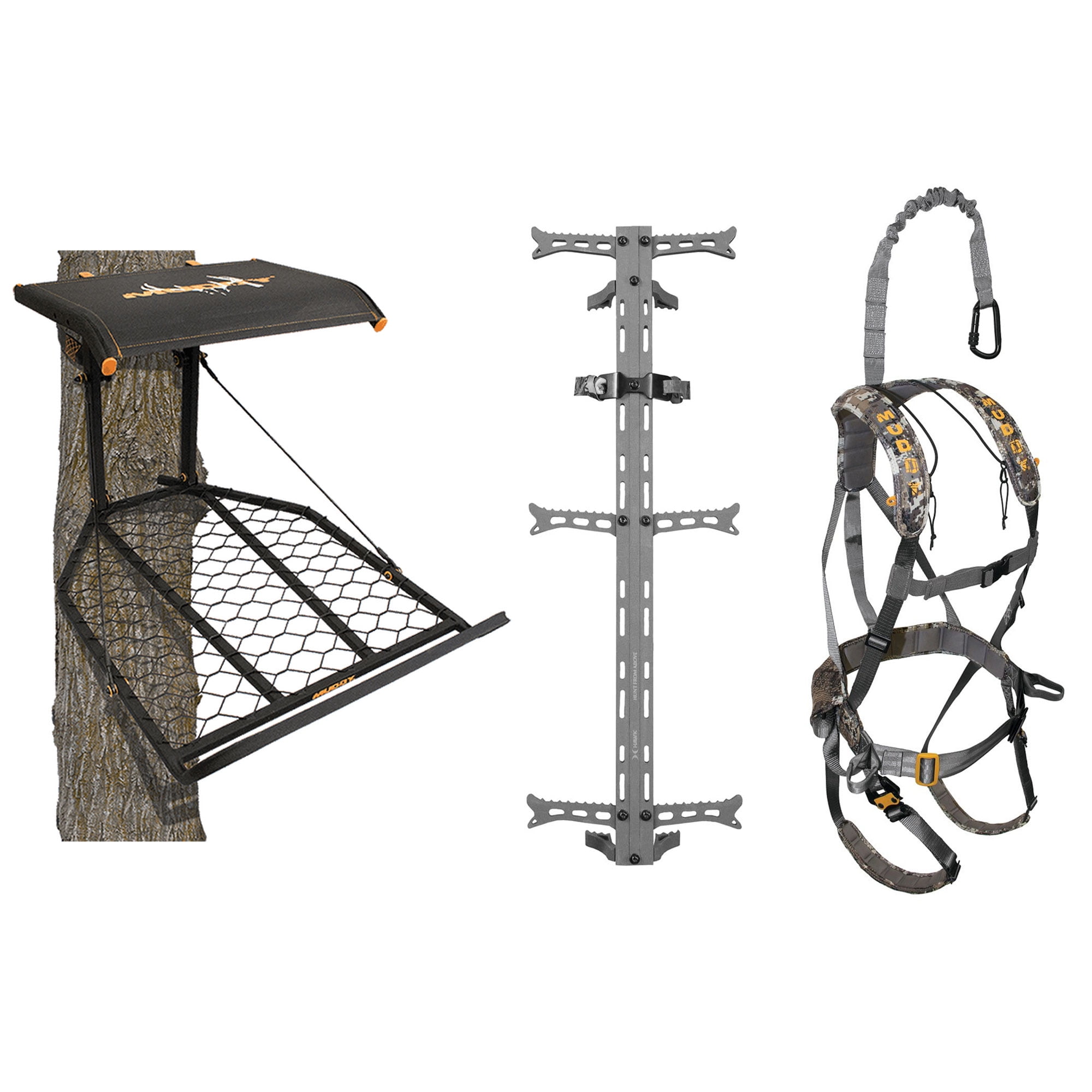Muddy The Boss XL Tree Stand, Ambush Harness & Hawk Climbing Sticks 3 ...