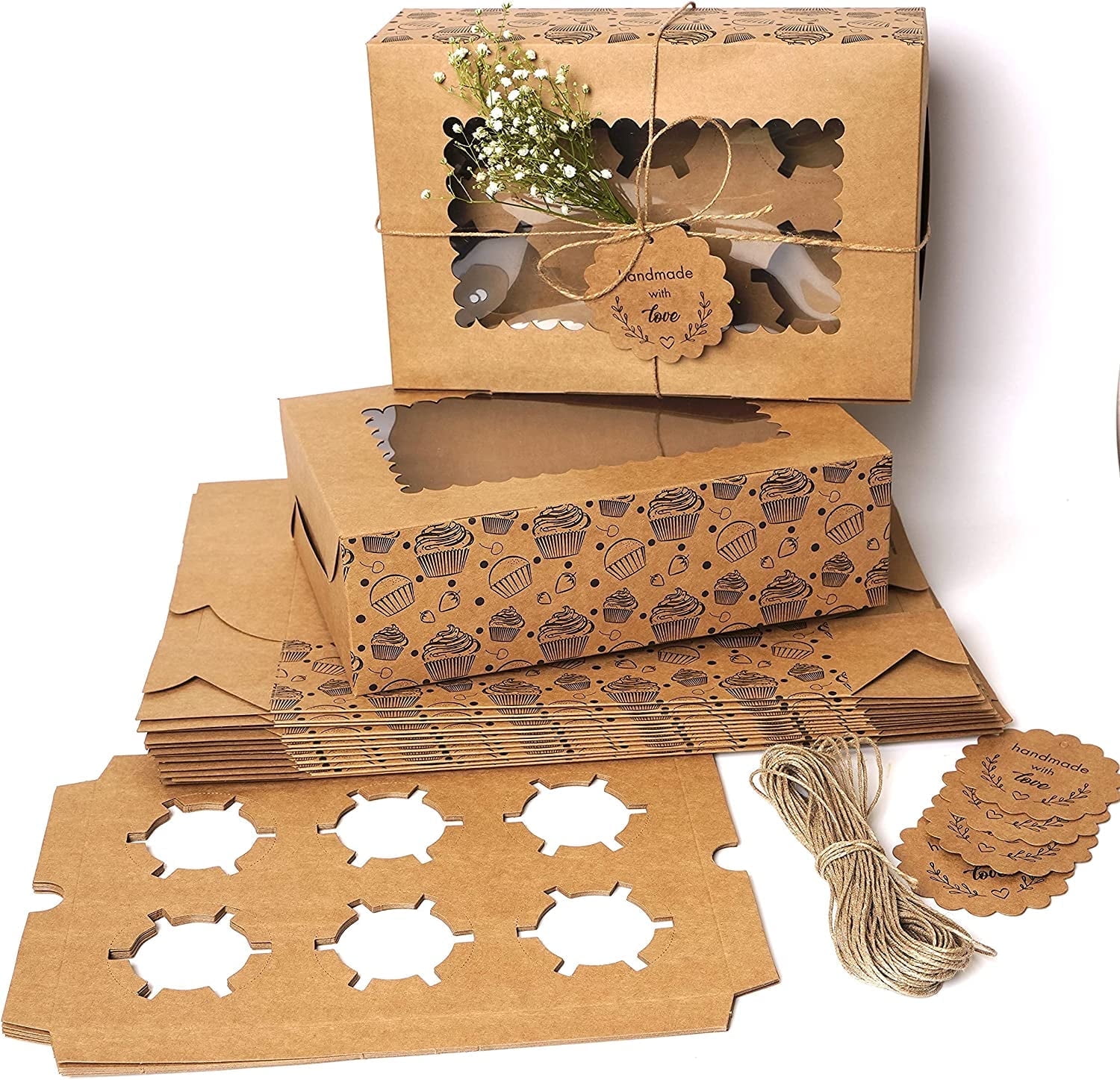Mudrit, Food Grade Kraft Cupcake Boxes, 20 Pack hold 6 with Windows ...