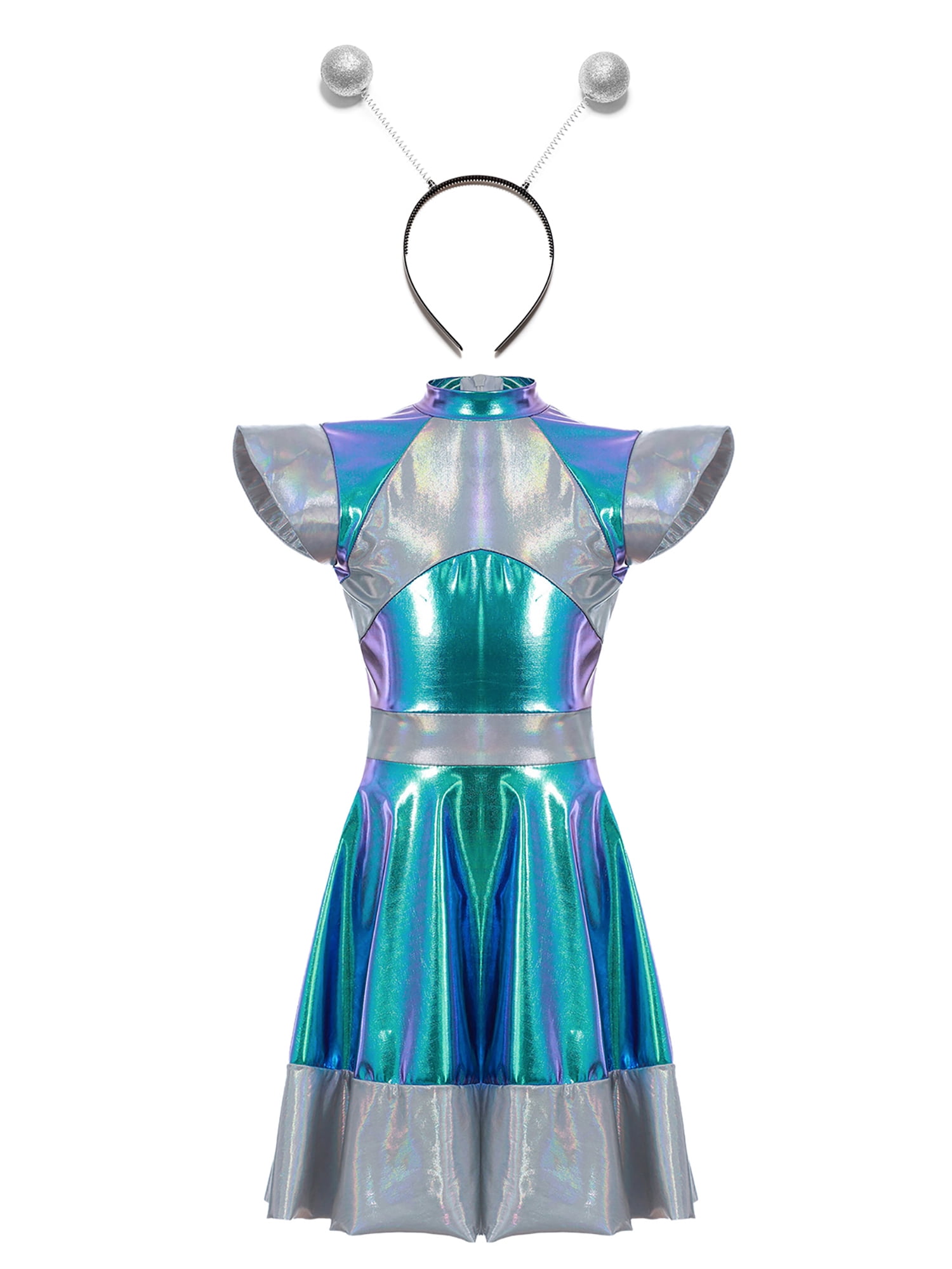 Mufeng 2Pcs Girls Cutie Alien Costume Cap Sleeve Metallic Tutu Dress with Alien Hair Hoop ...