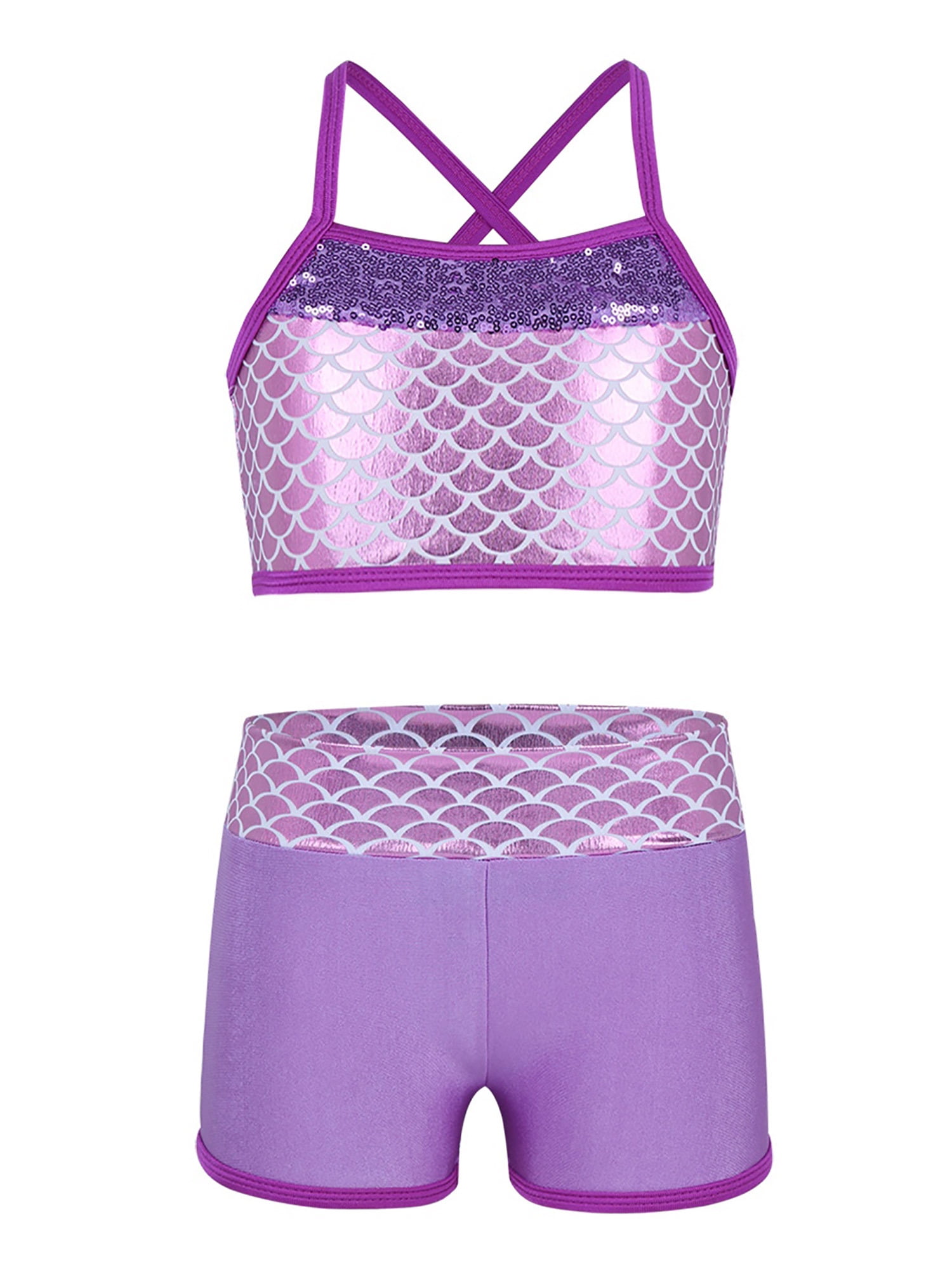 Mufeng Girls 2 Pieces Mermaid Swimsuit Sequins Tank Top + Shorts Ballet ...
