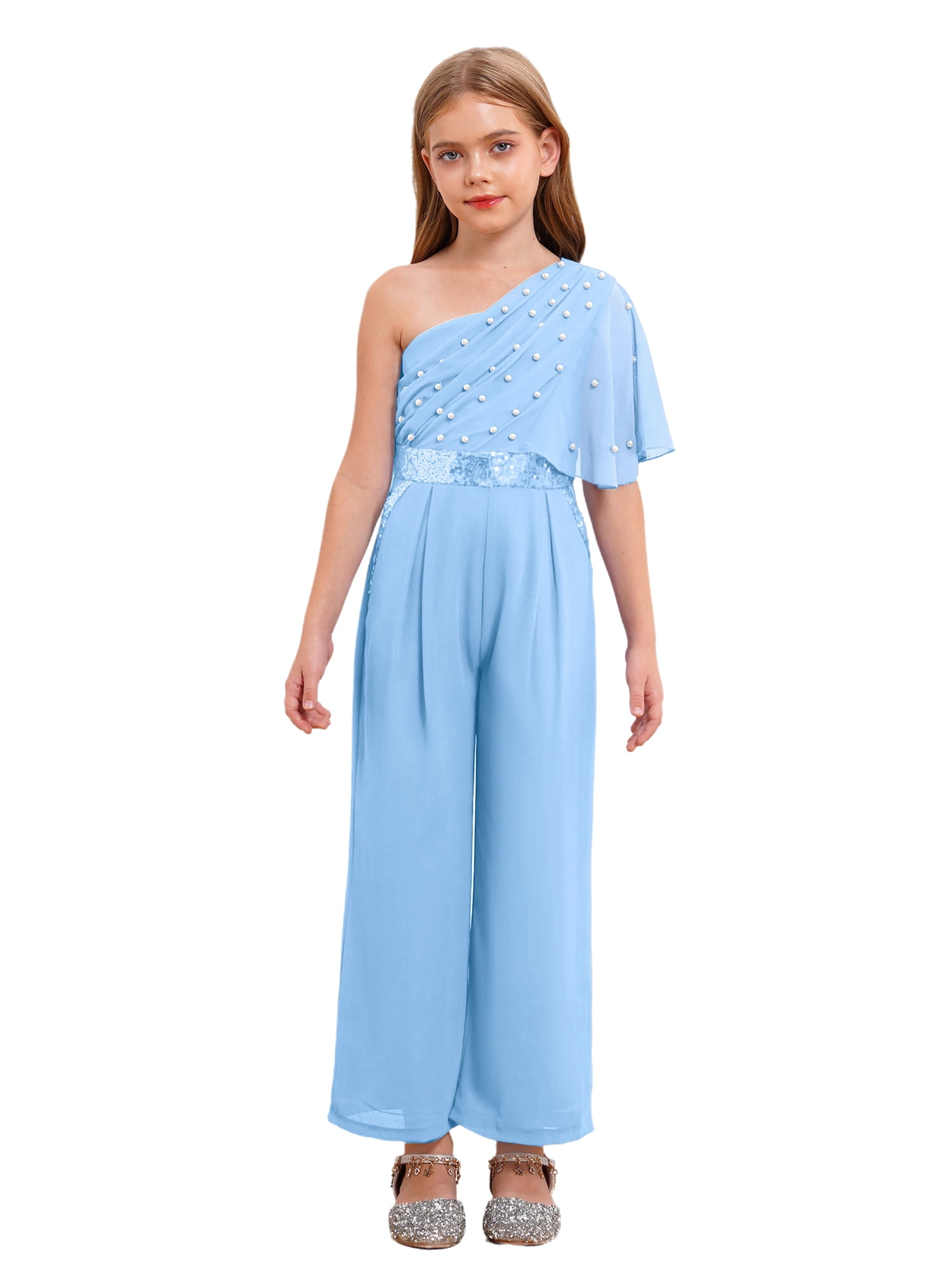 Mufeng Kids Flower Girls Pearls Sequins Jumpsuit One Shoulder Sparkly Pageant Party Formal Dance ...