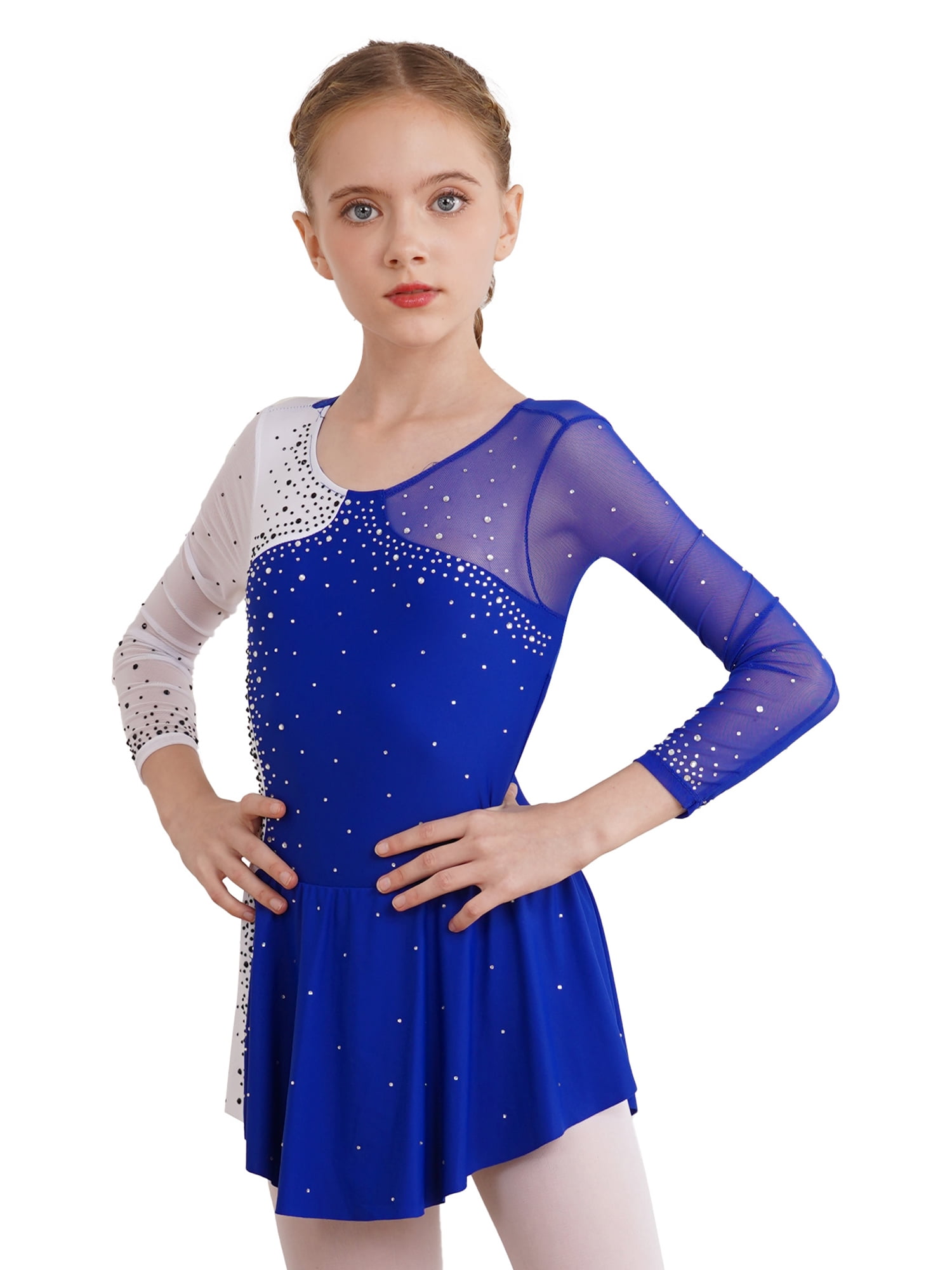 Mufeng Kids Girls Figure Skating Competition Costume Sparkle Long Sleeve Mesh Spliced Ballet ...