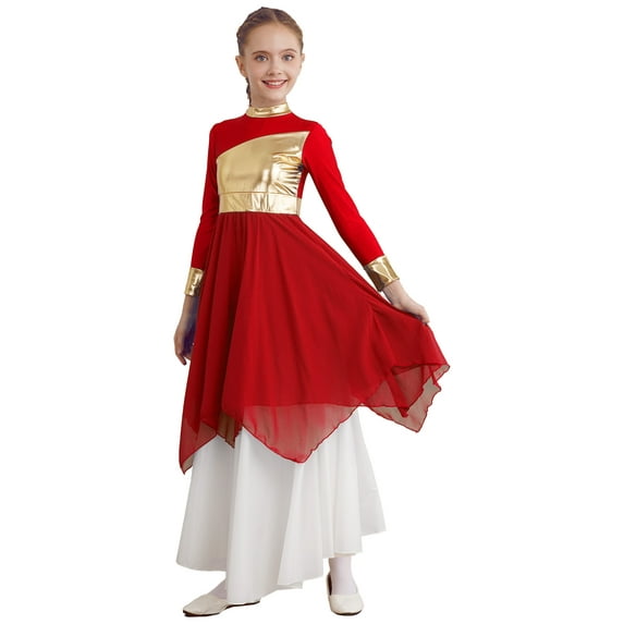 Mufeng Kids Girls Metallic Gold Liturgical Praise Dance Dress Worship Costume Long Sleeve Maxi ...