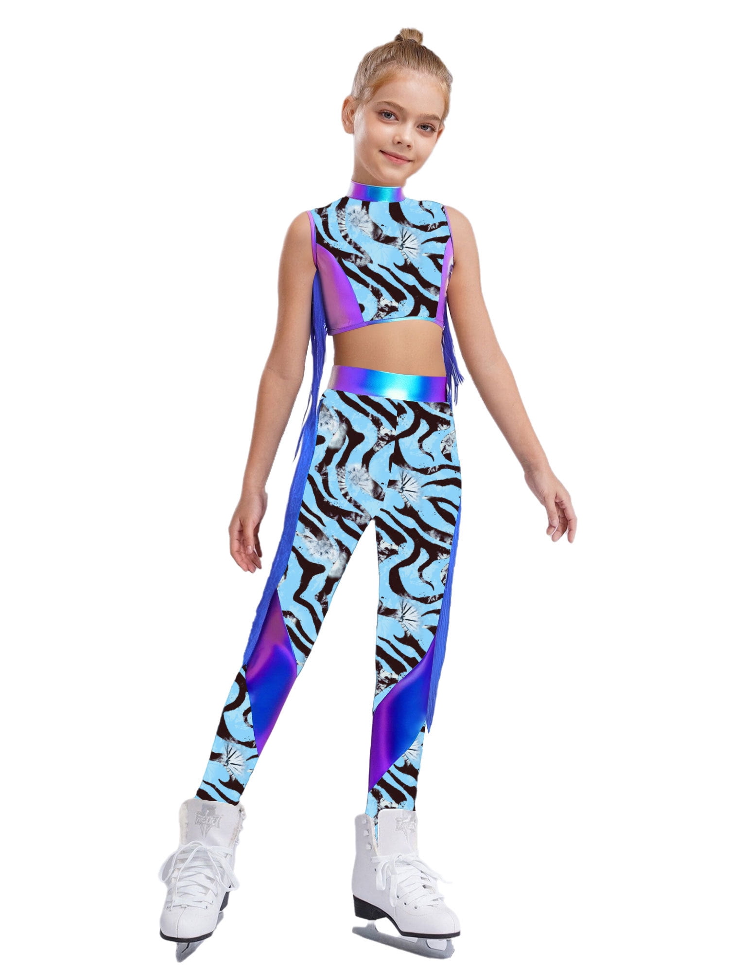 Mufeng Kids Girls Shiny Dance Set Tassel Crop Top with Leggings Set ...