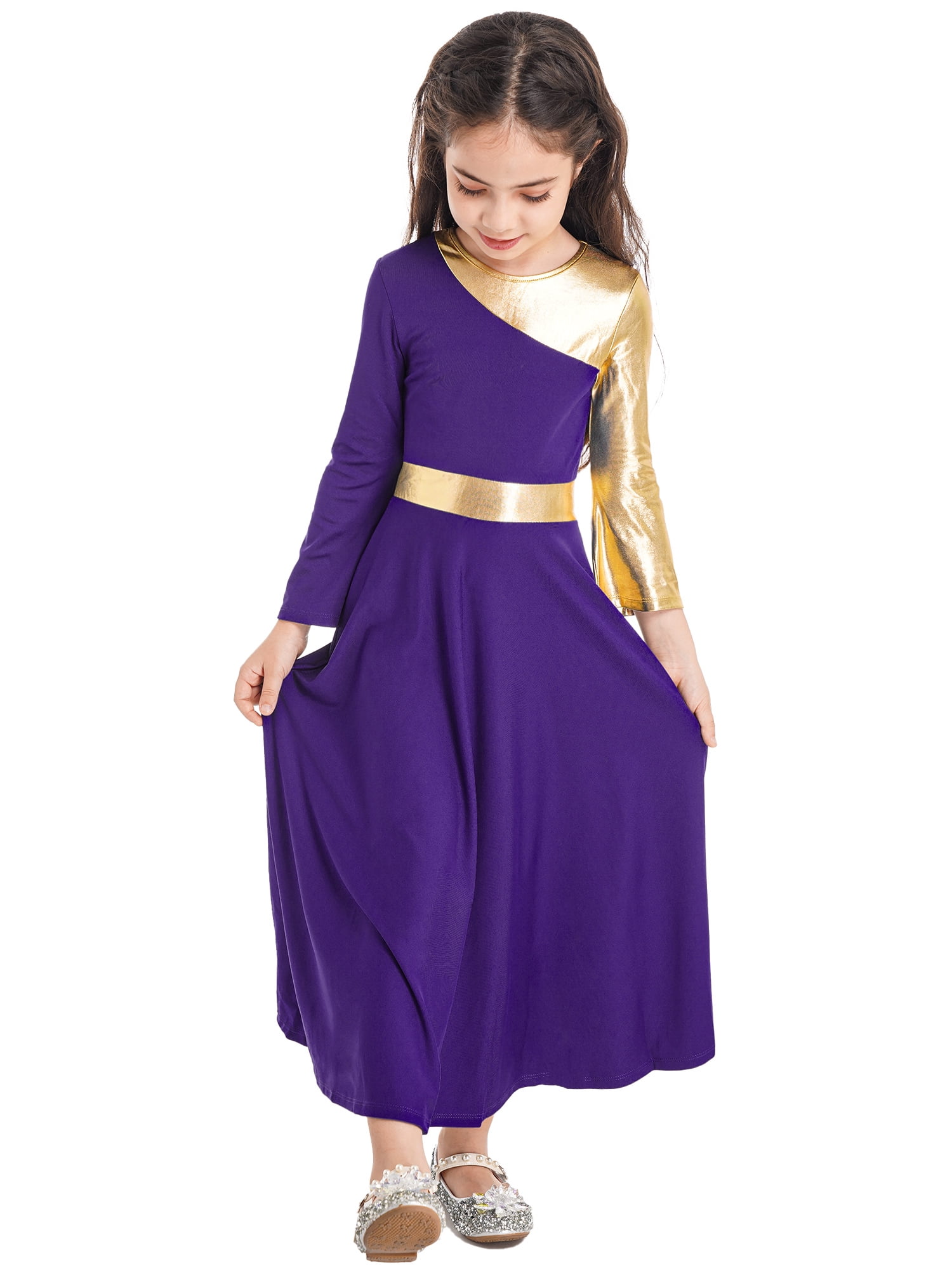 Mufeng Kids Girls Sparkle Metallic Gold Liturgical Praise Dance Dress Worship Costume Lyrical ...