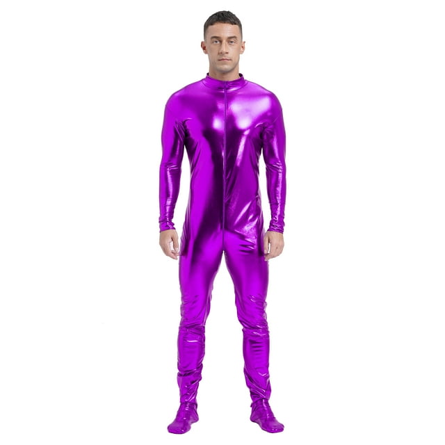 Mufeng Men's Shiny Metallic Full Body Unitard Jumpsuit Mock Neck Long ...