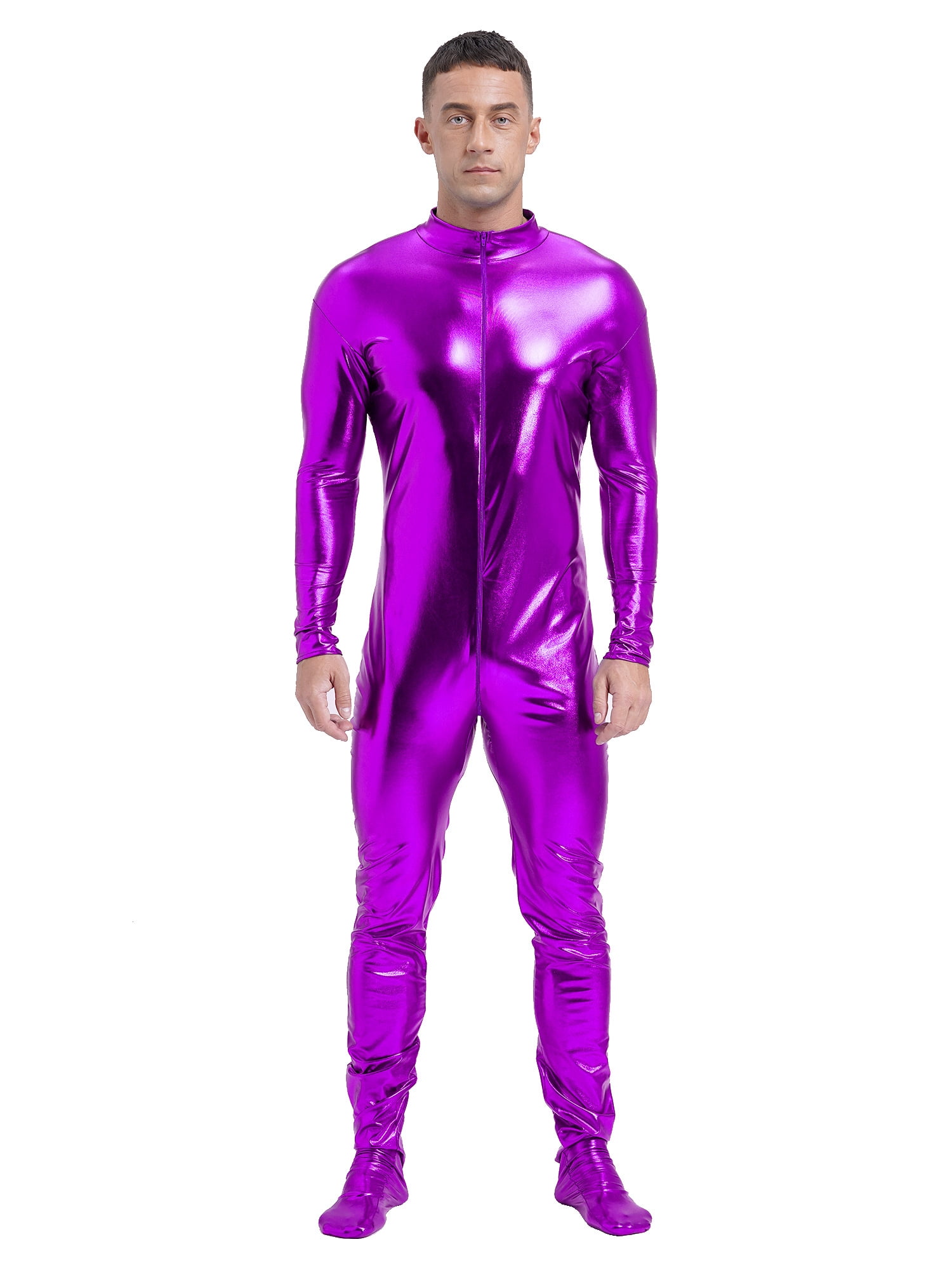 Mufeng Men's Shiny Metallic Full Body Unitard Jumpsuit Mock Neck Long ...