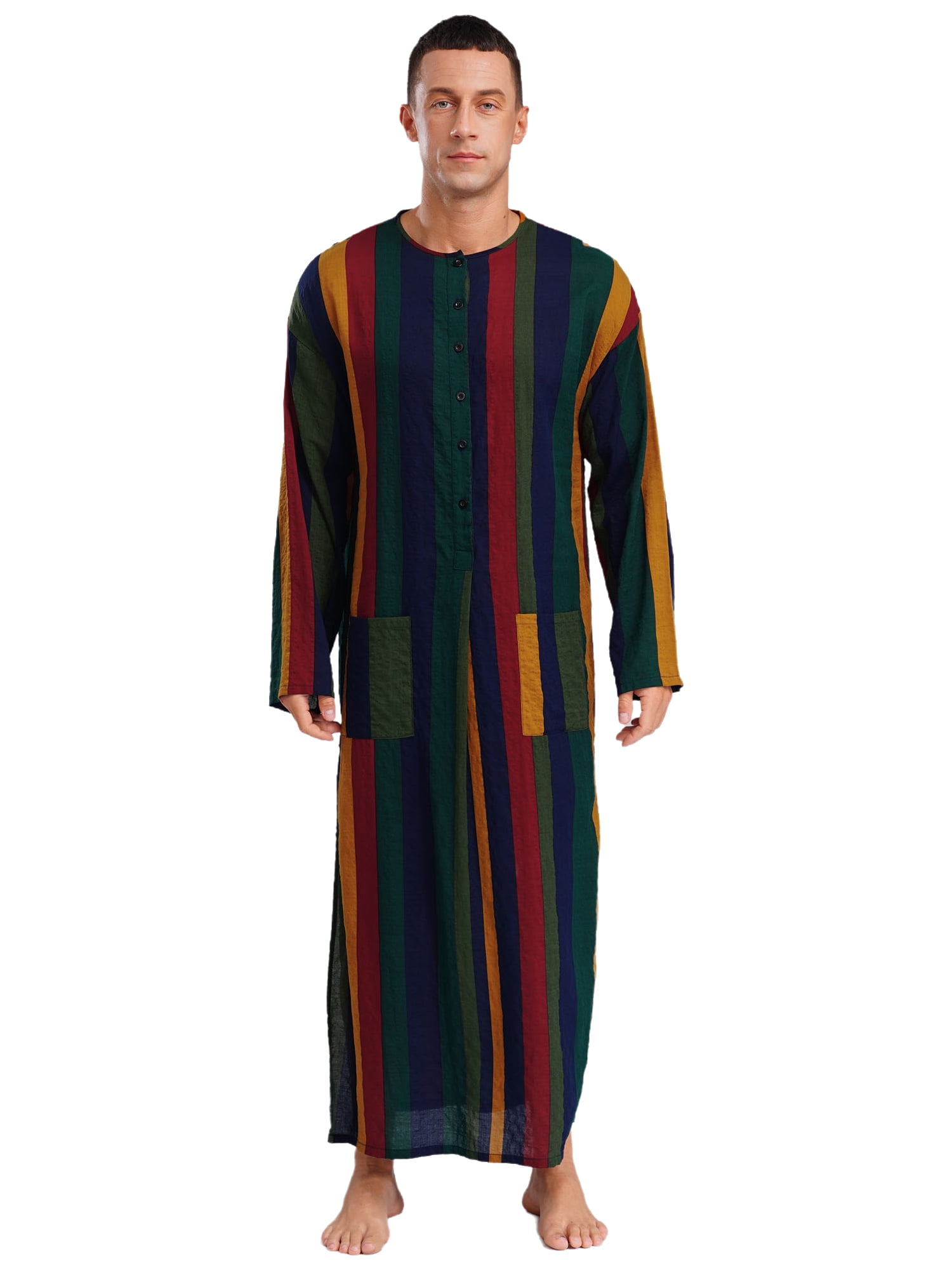Mufeng Men's Thobe Muslim Loose Fit Stripe Robe Islamic Robe Multicolor ...