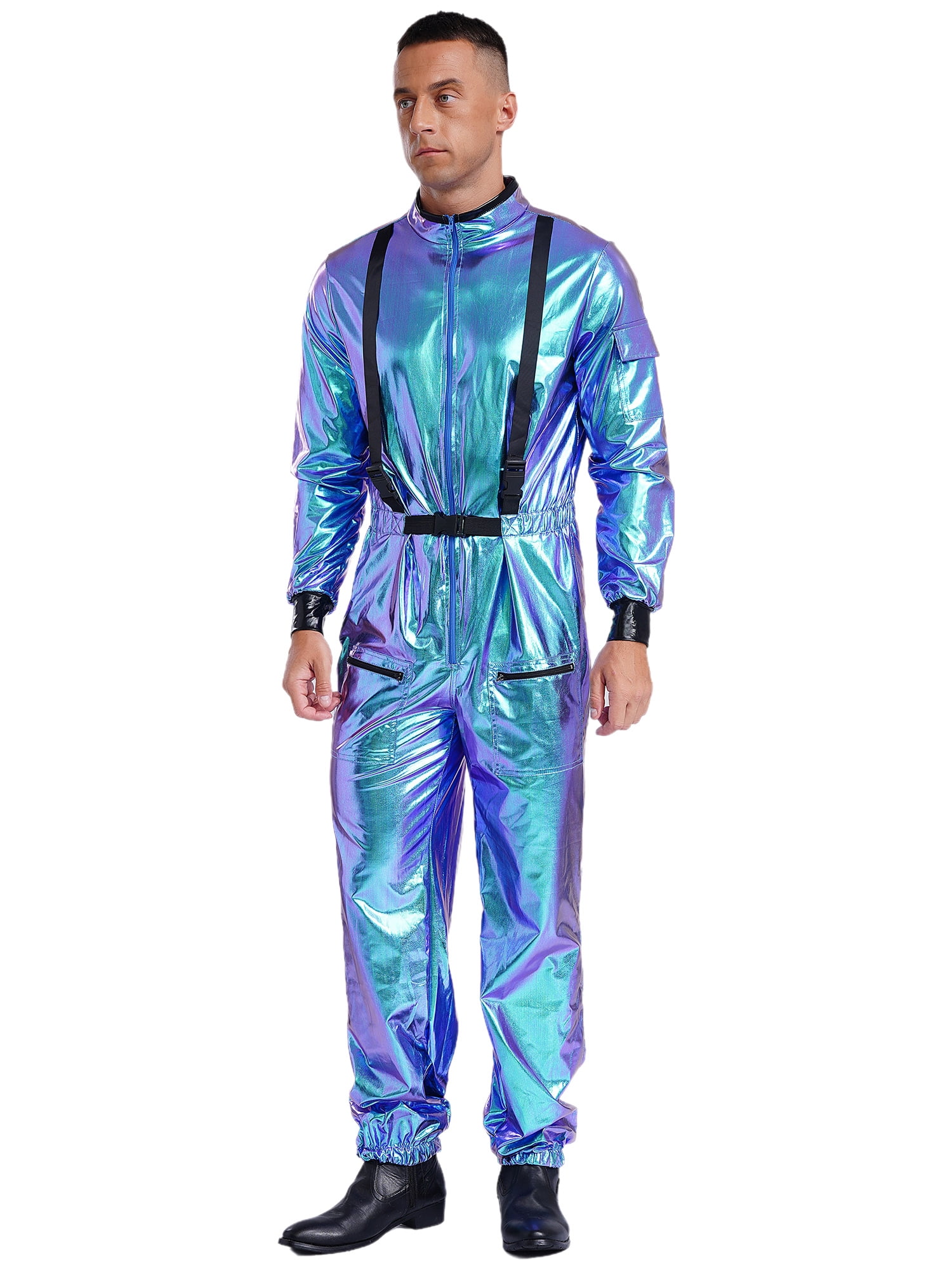 Mufeng Mens Halloween Astronaut Cosplay Jumpsuit Shiny Metallic Space Costume Bodysuit Blue L ...