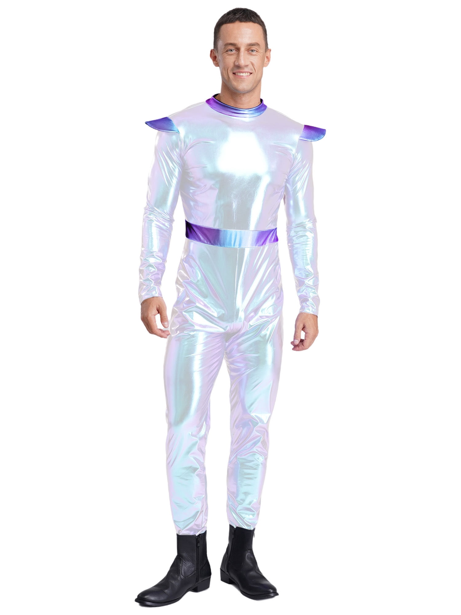 Mufeng Mens Metallic Shiny Alien Themed Outfit Jumpsuit Rave Outfits ...