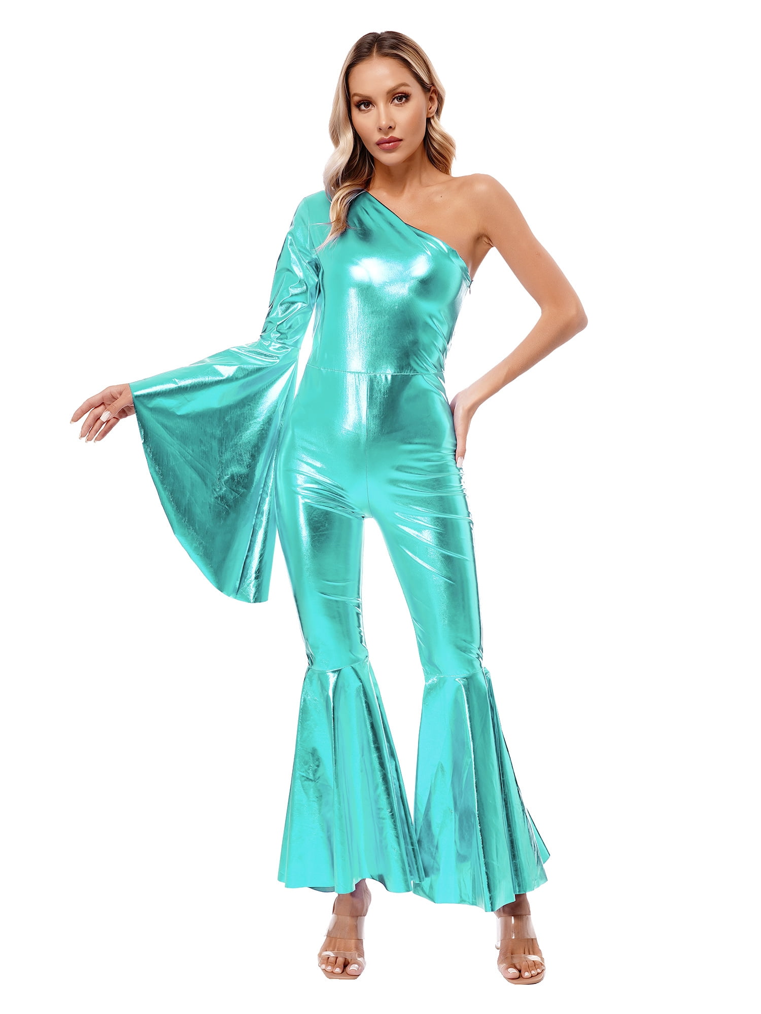 Mufeng Women 70s Disco Outfits Adult Retro Hippie Jumpsuit One Shoulder ...