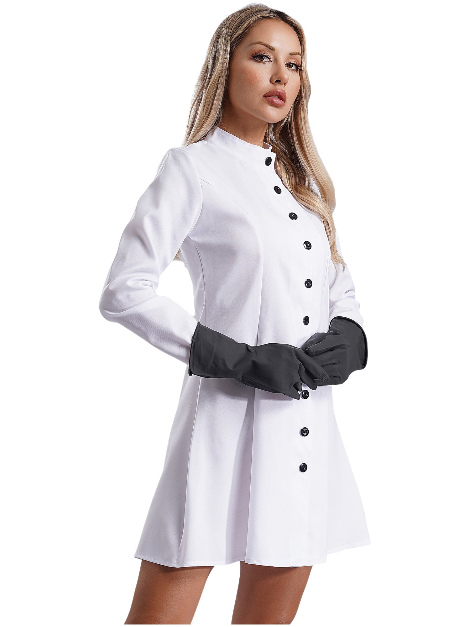 Mufeng Women Mad Scientist Cosplay Costume Long Sleeve Lab Coat with Gloves Cosplay Outfit White ...