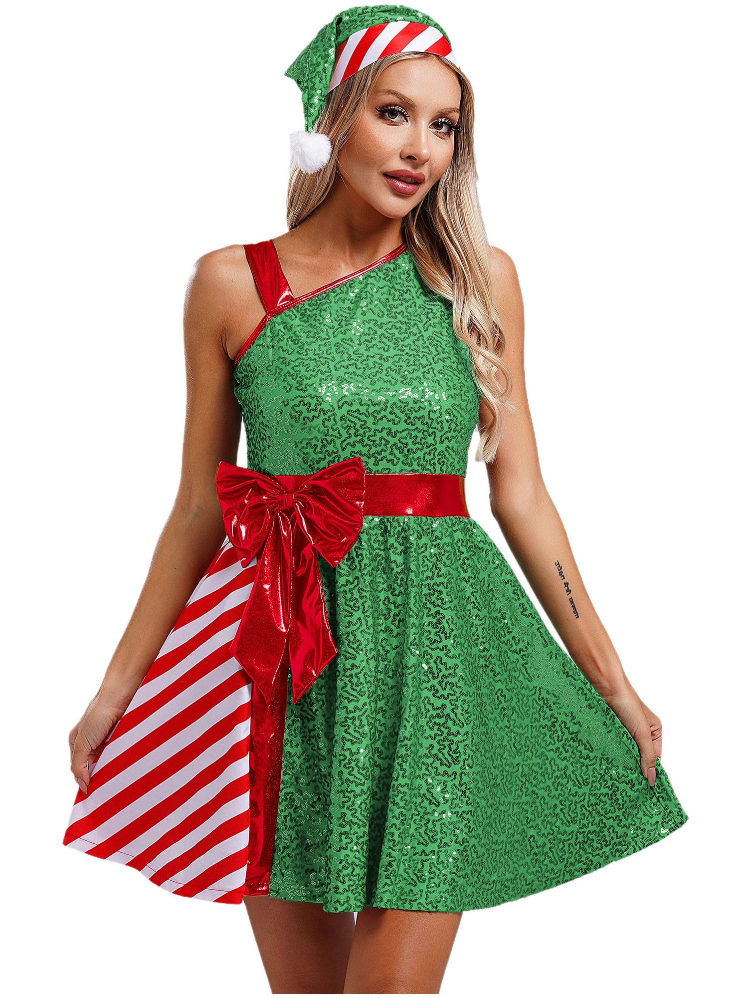 Mufeng Women's Christmas Candy Cane Costume Sparkly Dress with Hat Xmas ...