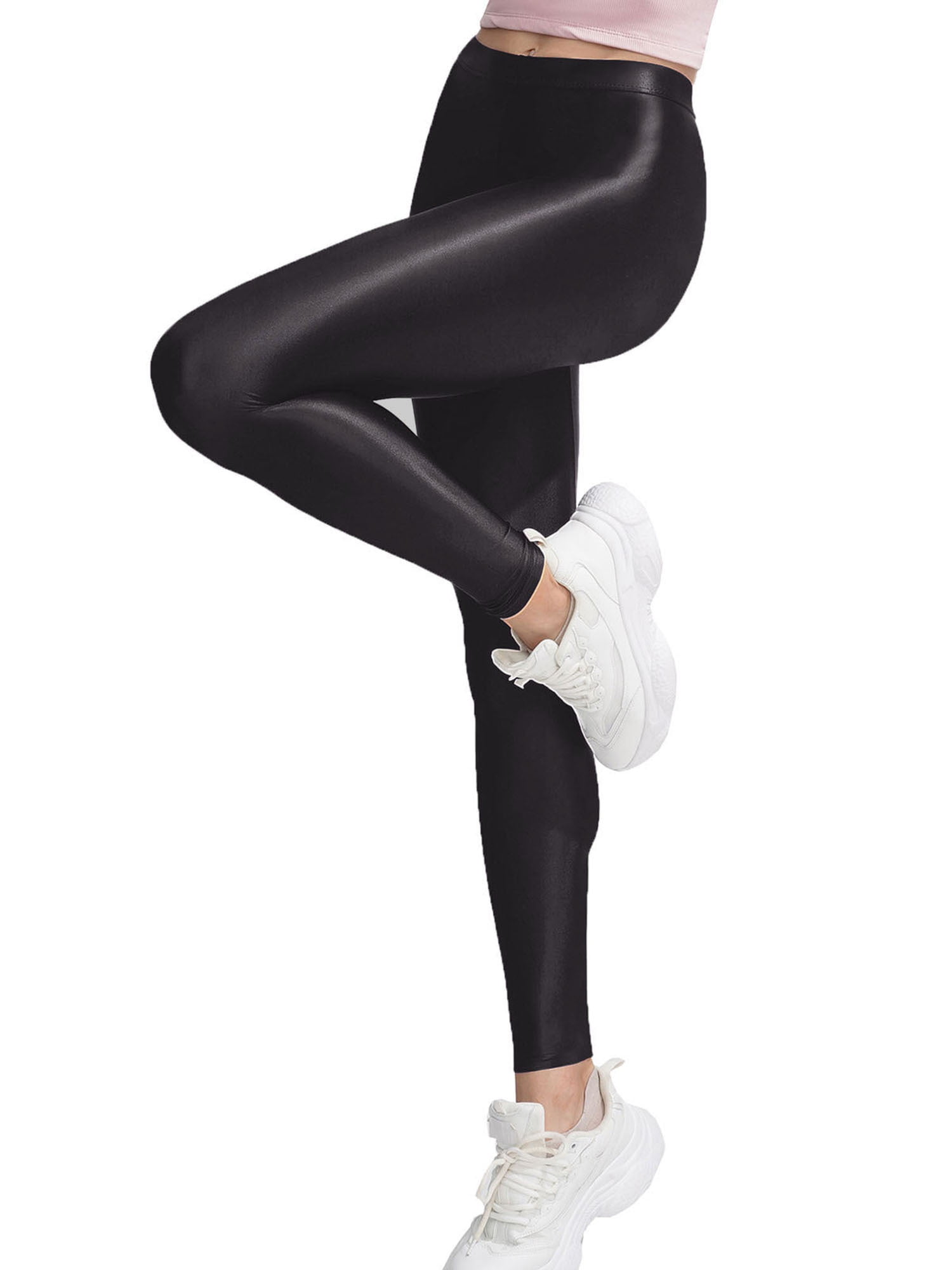 Mufeng Women High Waist Yoga Pants Tummy Control Shiny Oil Leggings ...