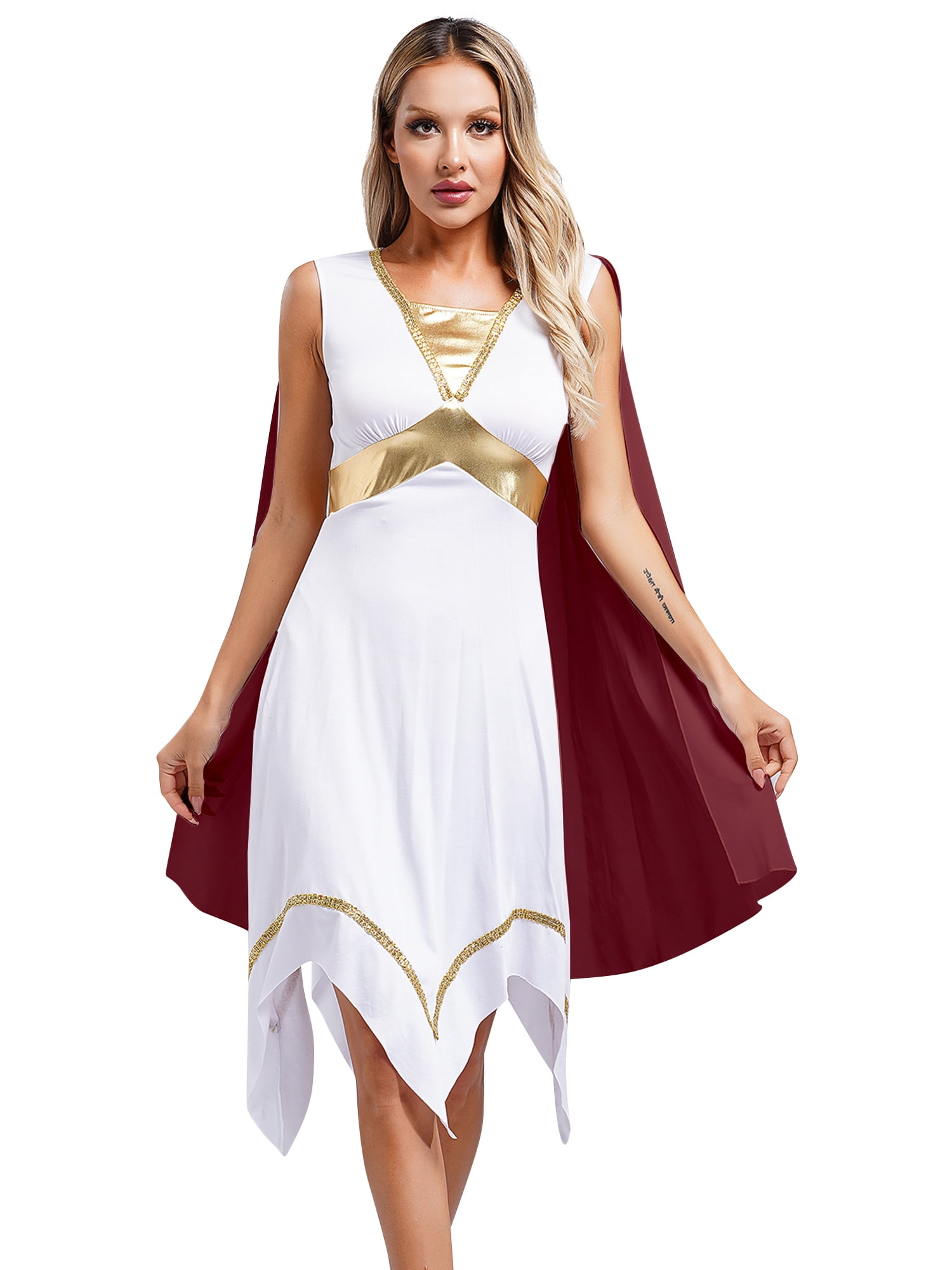 Mufeng Womens Ancient Greek Roman Toga Dress with Cape Asymmetrical Hem Tunic Dress Halloween ...