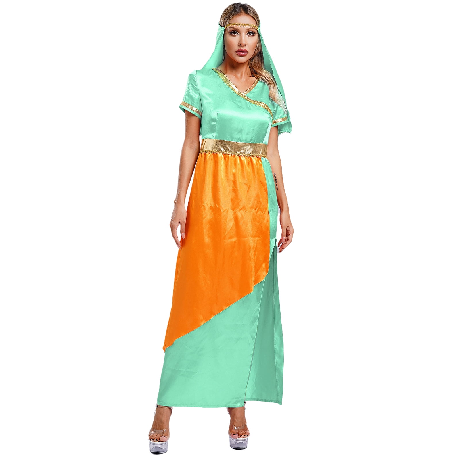 Mufeng Womens Arabian Princess Dress Satin Overlay Dress with Veil Set ...