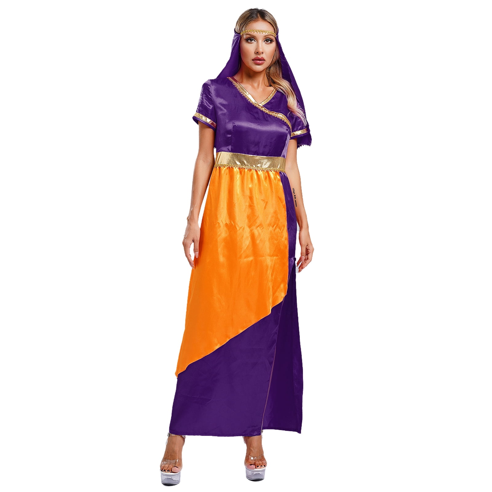Mufeng Womens Arabian Princess Dress Satin Overlay Dress with Veil Set ...