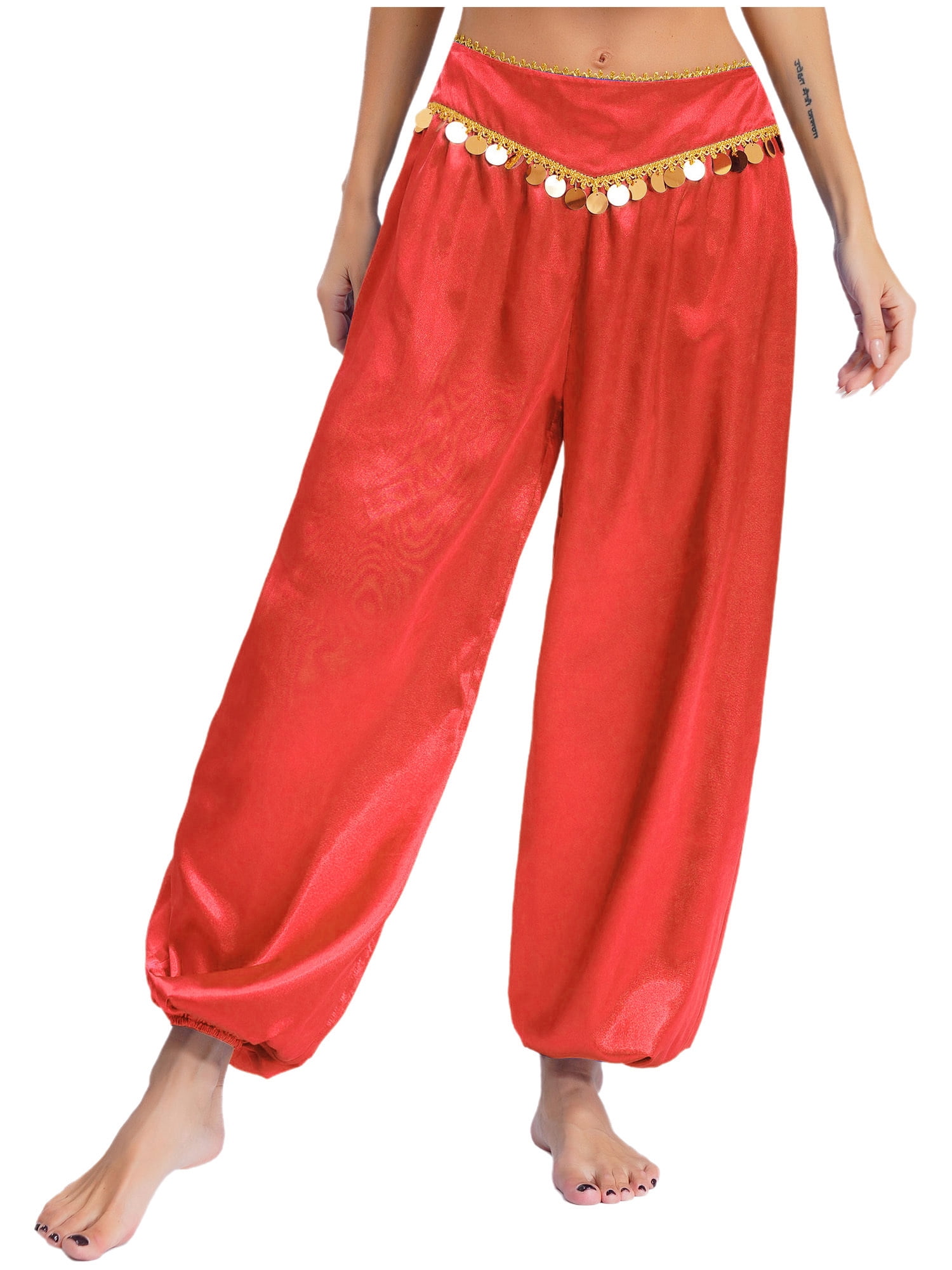 Mufeng Womens Belly Dance Pants Low Waist Shiny Sequin Trim Harem Pants ...