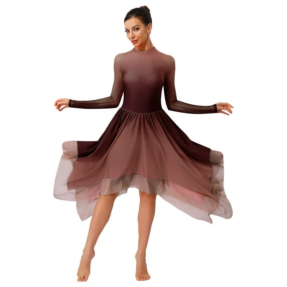 Mufeng Womens Modern Dance Dress Gradient Color Mesh Long Sleeve ...