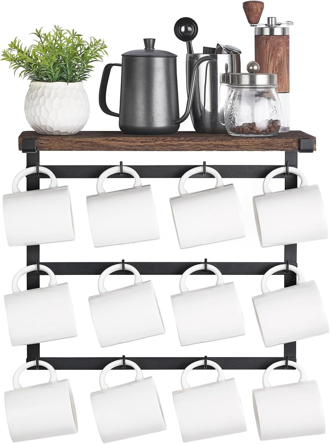 Mug Holder Wall Mounted Coffee Mug Rack with 12 Hooks Rustic Wood ...