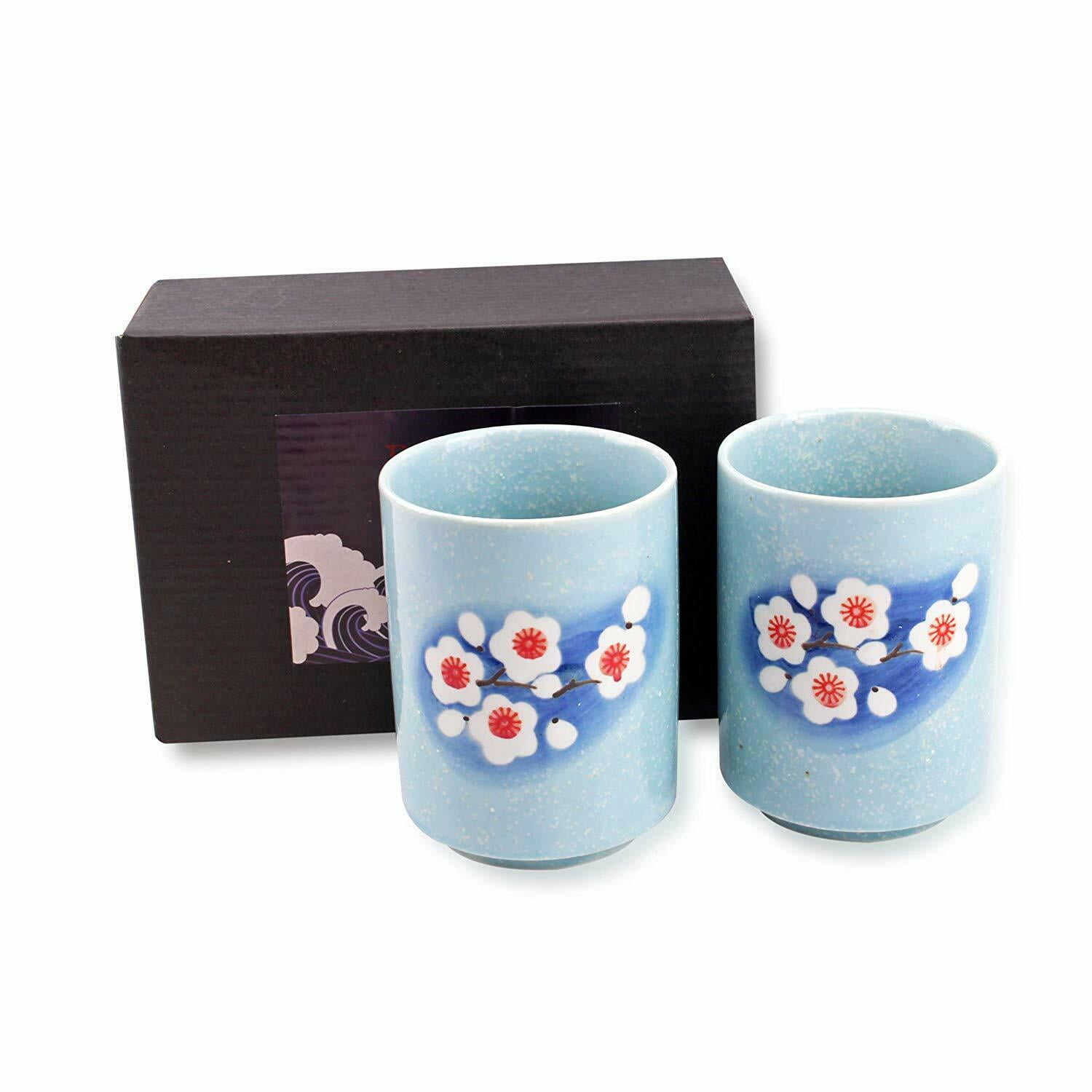 Mug Set Japanese Porcelain Tall Tea Cups Blue Plum Blossom Flower ...