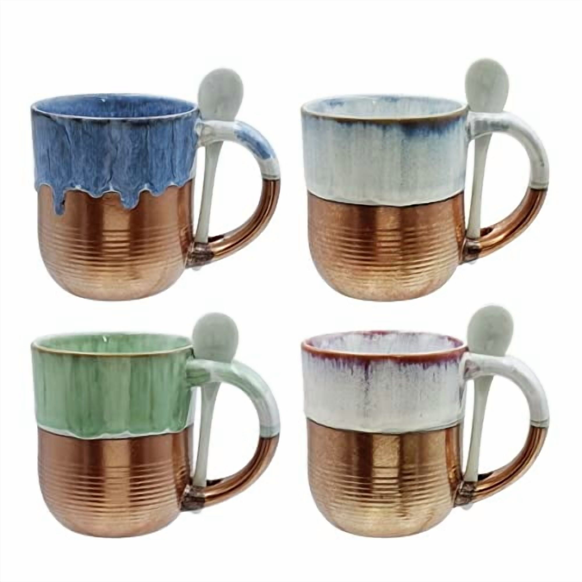 Mug with Spoon Glazed Ceramic Coffee Mugs Set of 4, Copper Toned Base ...