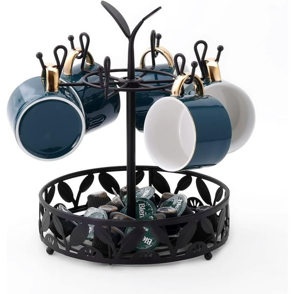 Mug Tree with Coffee Pod Basket Storage, Rotatable Mug Holder Stand ...