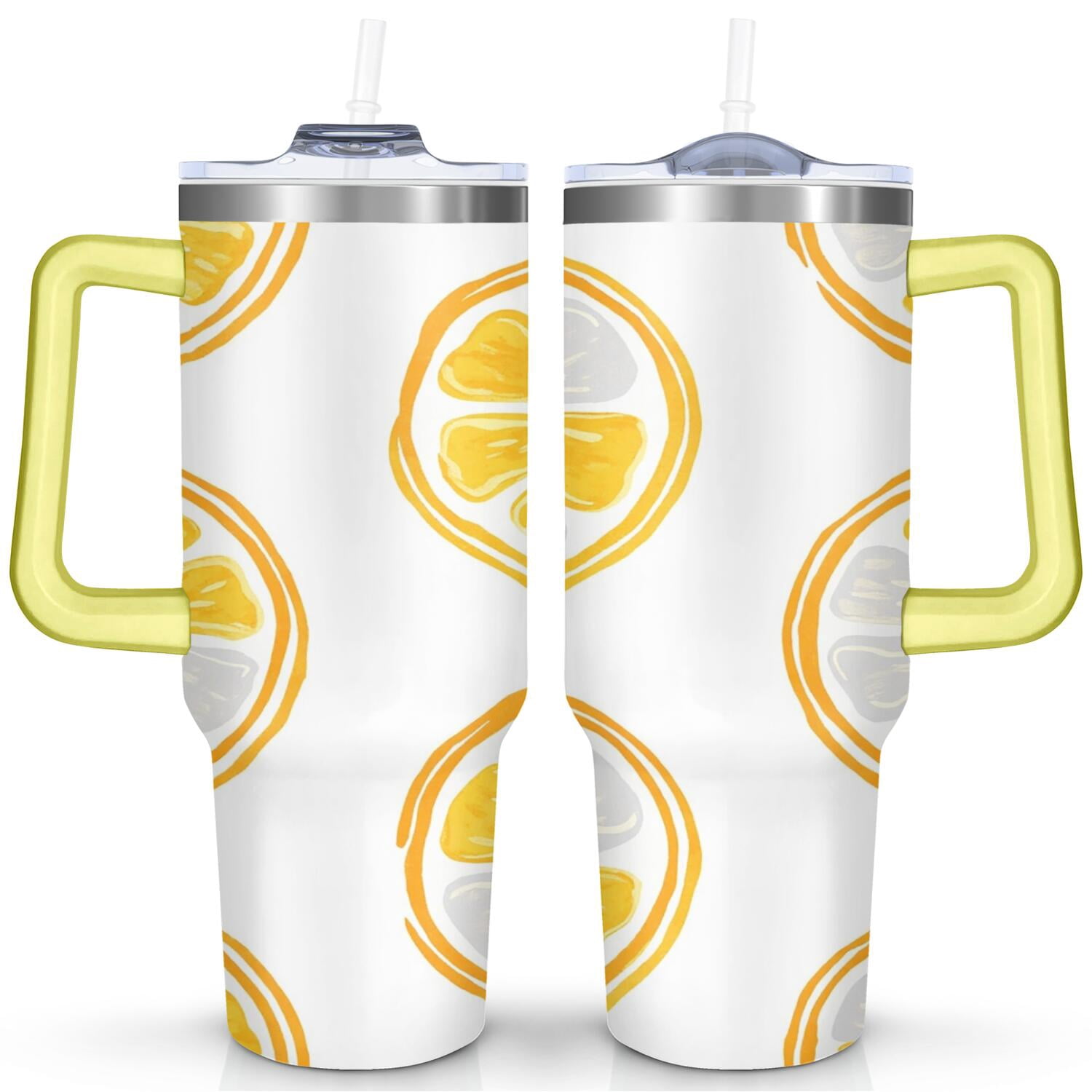Mug with Handle and Straws 40 oz Stainless Steel Lemon Slices Travel ...