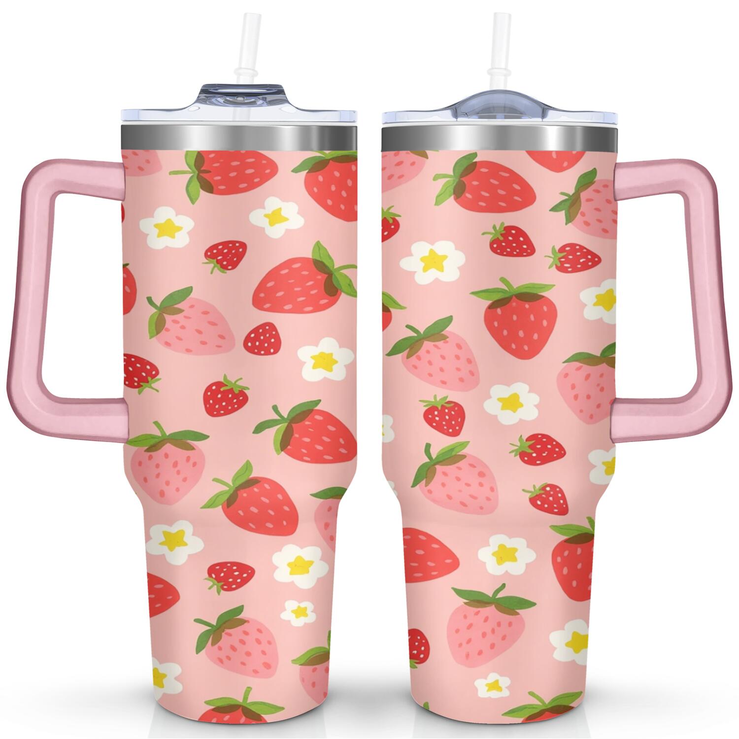 Mug with Handle and Straws 40 oz Stainless Steel Strawberry Travel ...