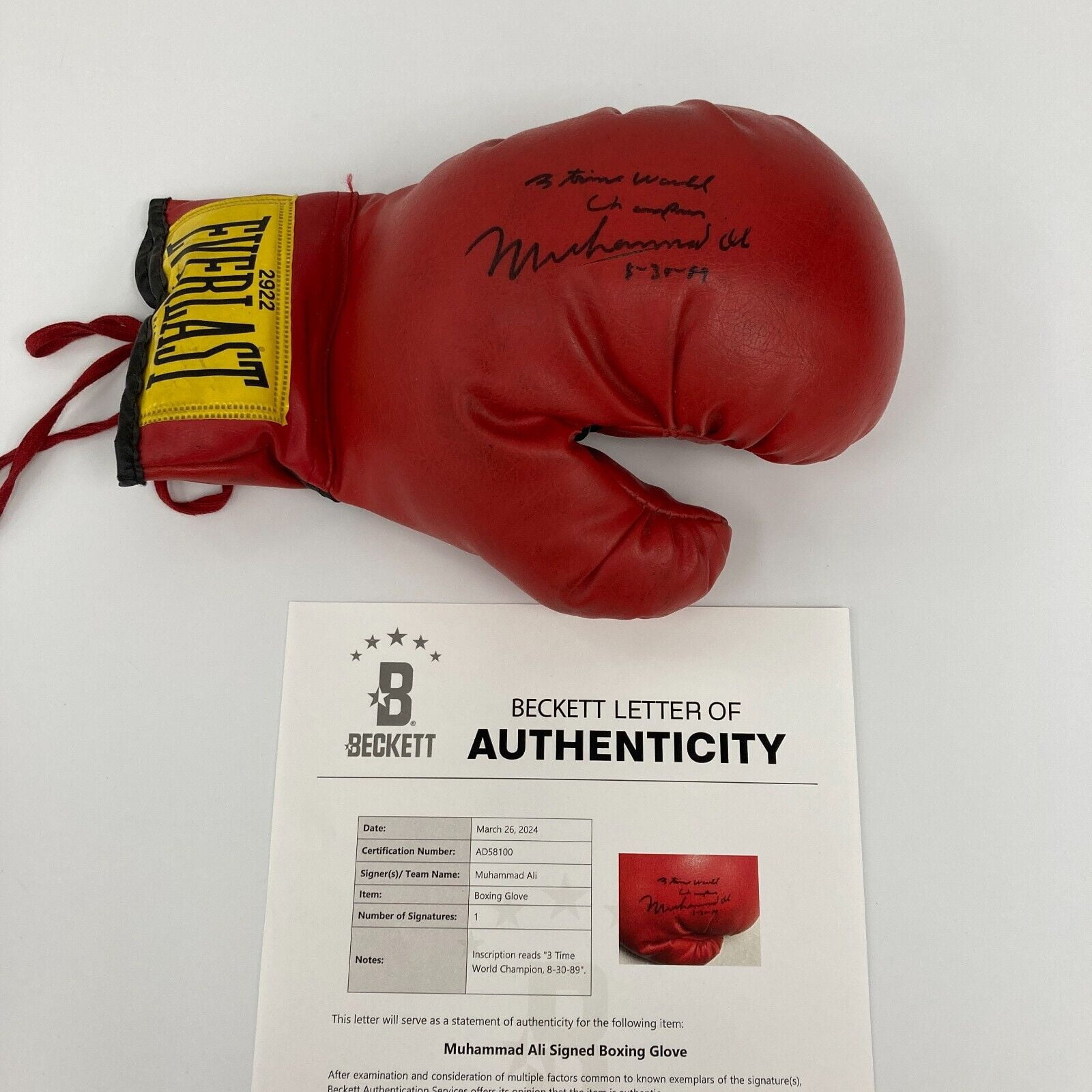Muhammad Ali "3 Time World Champion" Signed Inscribed Boxing Glove ...
