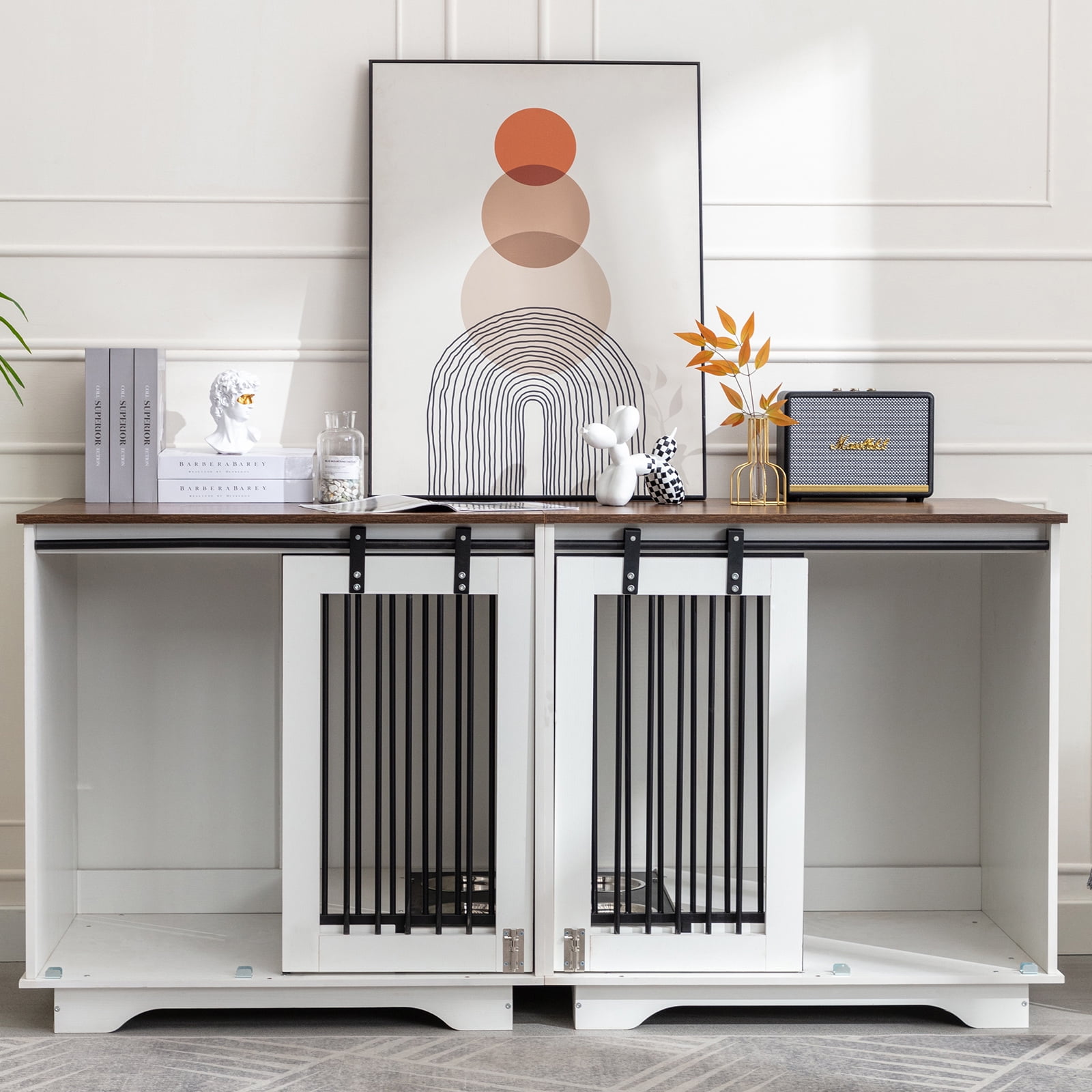 Muhub 67" Dog Crate Furniture with Pull-Out Feeders,Sliding Doors,for 2 ...