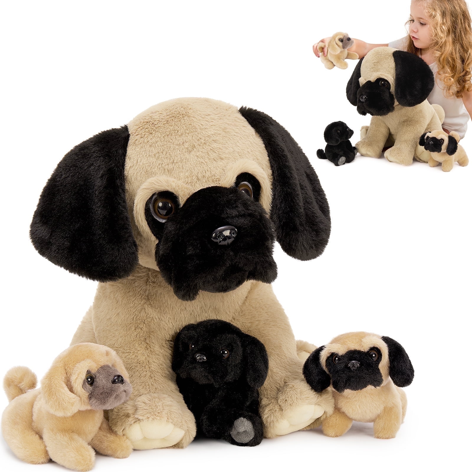 Muiteiur 4 Pcs Pug Dog Stuffed Animal 13.7'' Dog Plush with 3 Babies ...